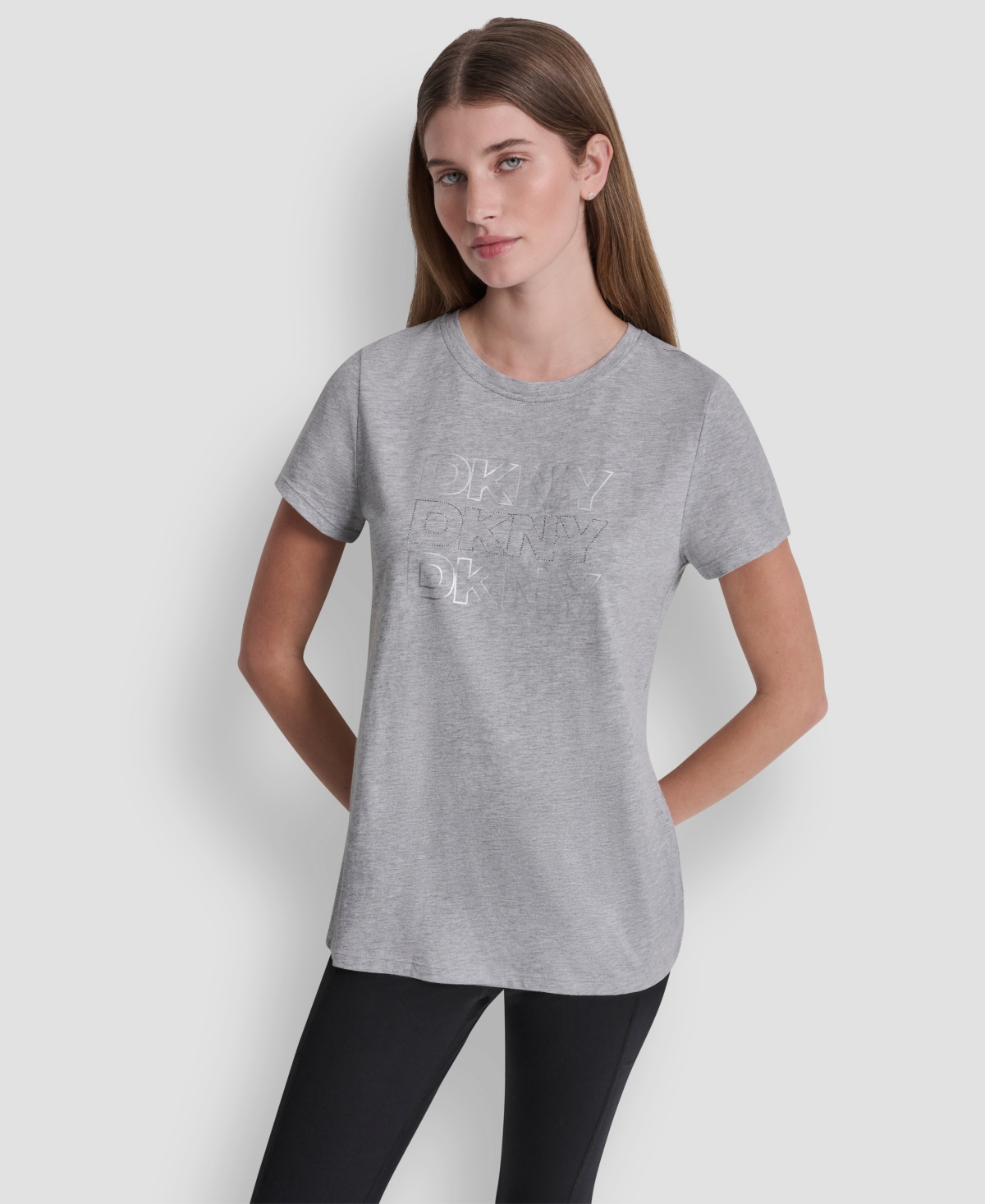 Dkny Sport Womens Triple Rhinestone Foil Logo T-Shirt - Pearl Grey Heather