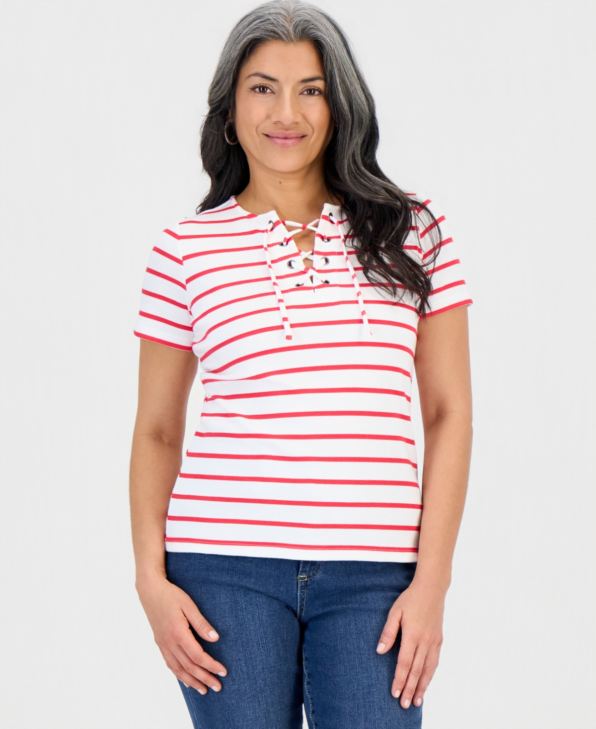 Click here for Style & Co Petite Striped Lace-Up Short-Sleeve Top... prices
