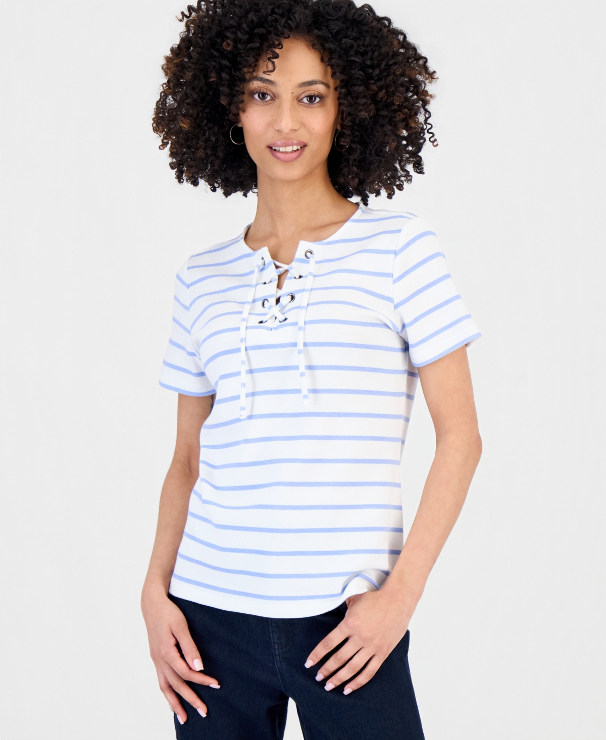 Click here for Style & Co Petite Striped Lace-Up Short-Sleeve Top... prices