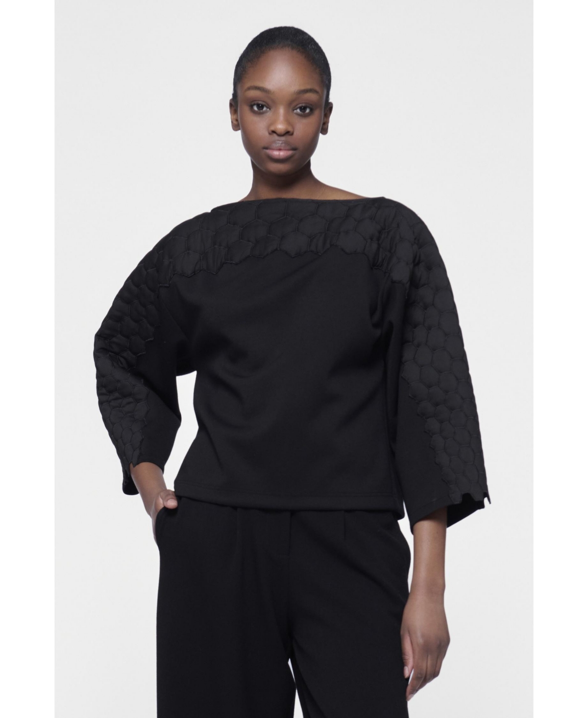 Click here for Leem Womens Quilted Embroidered Top - Black prices