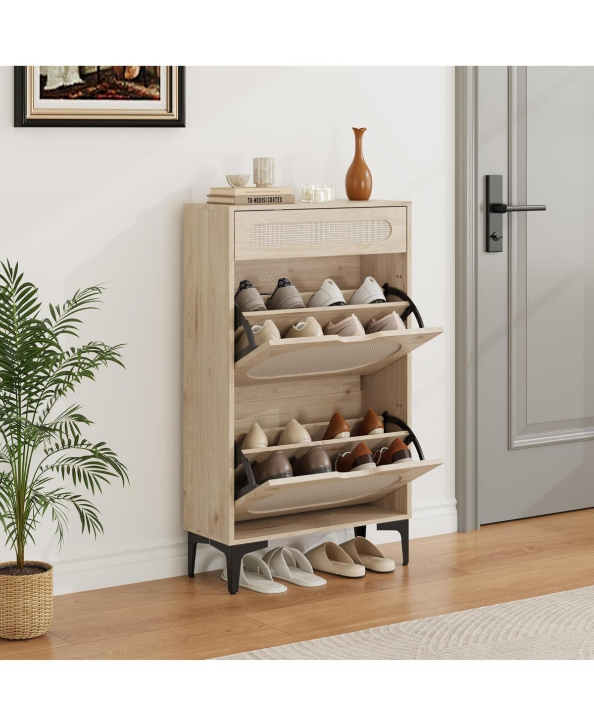 Click here for gaomon Oak Rattan Shoe Cabinet - 2 Flip Drawers +1... prices