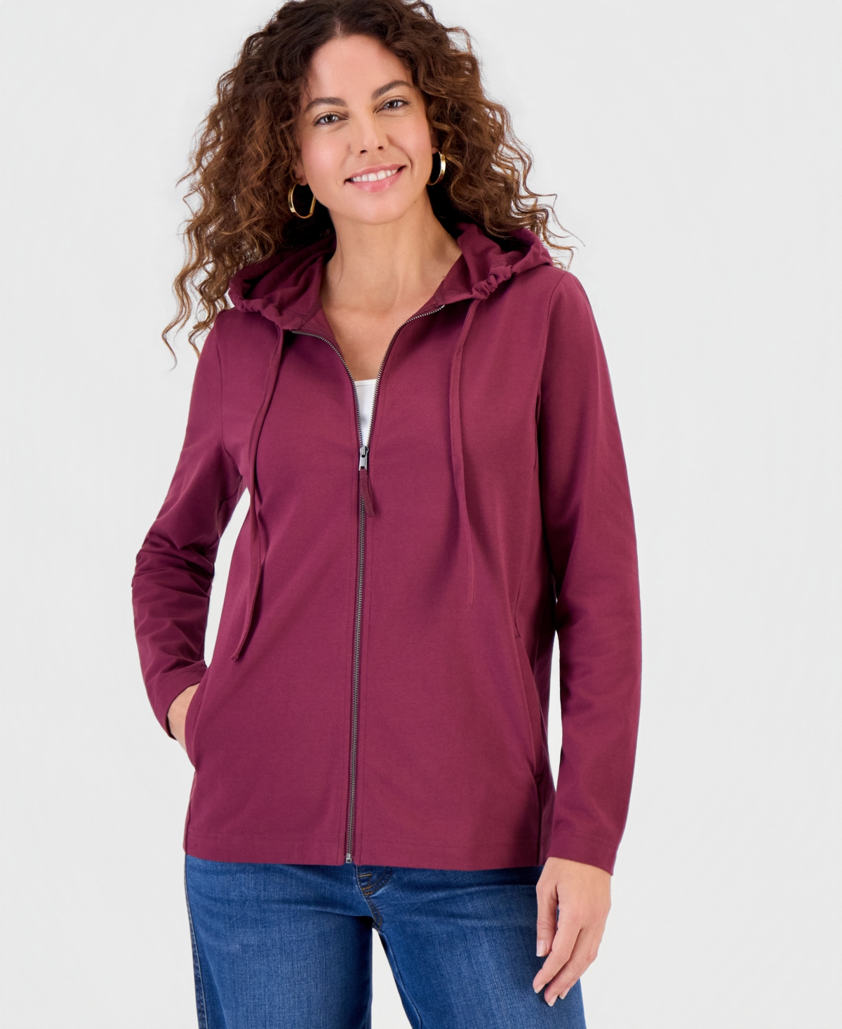 Click here for Style & Co Womens Zip-Front Hooded Sweatshirt  Cre... prices