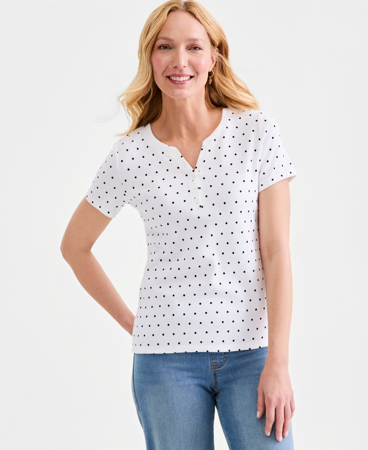 Click here for Style & Co Womens Printed Short-Sleeve Henley Top... prices