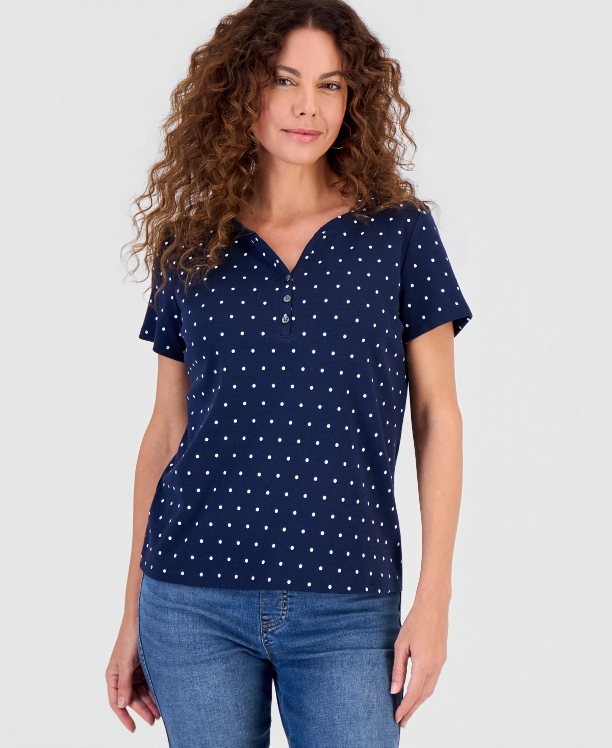 Click here for Style & Co Womens Printed Short-Sleeve Henley Top... prices