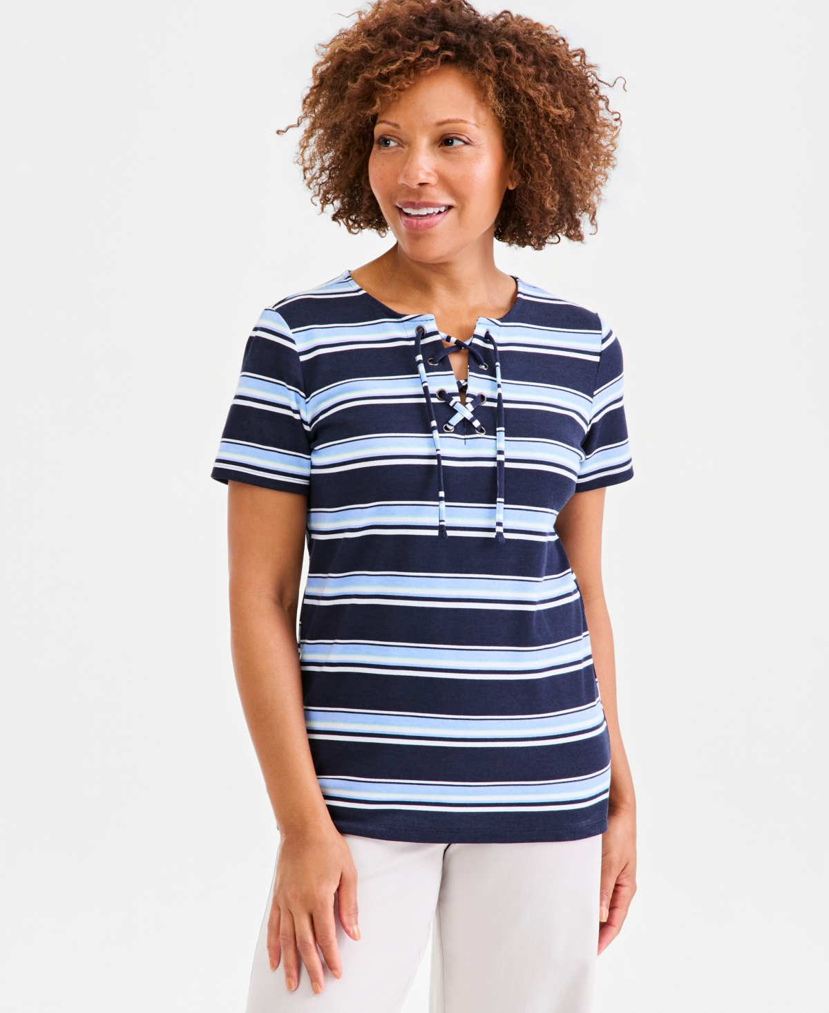 Click here for Style & Co Womens Striped Lace-Up Short-Sleeve Top... prices