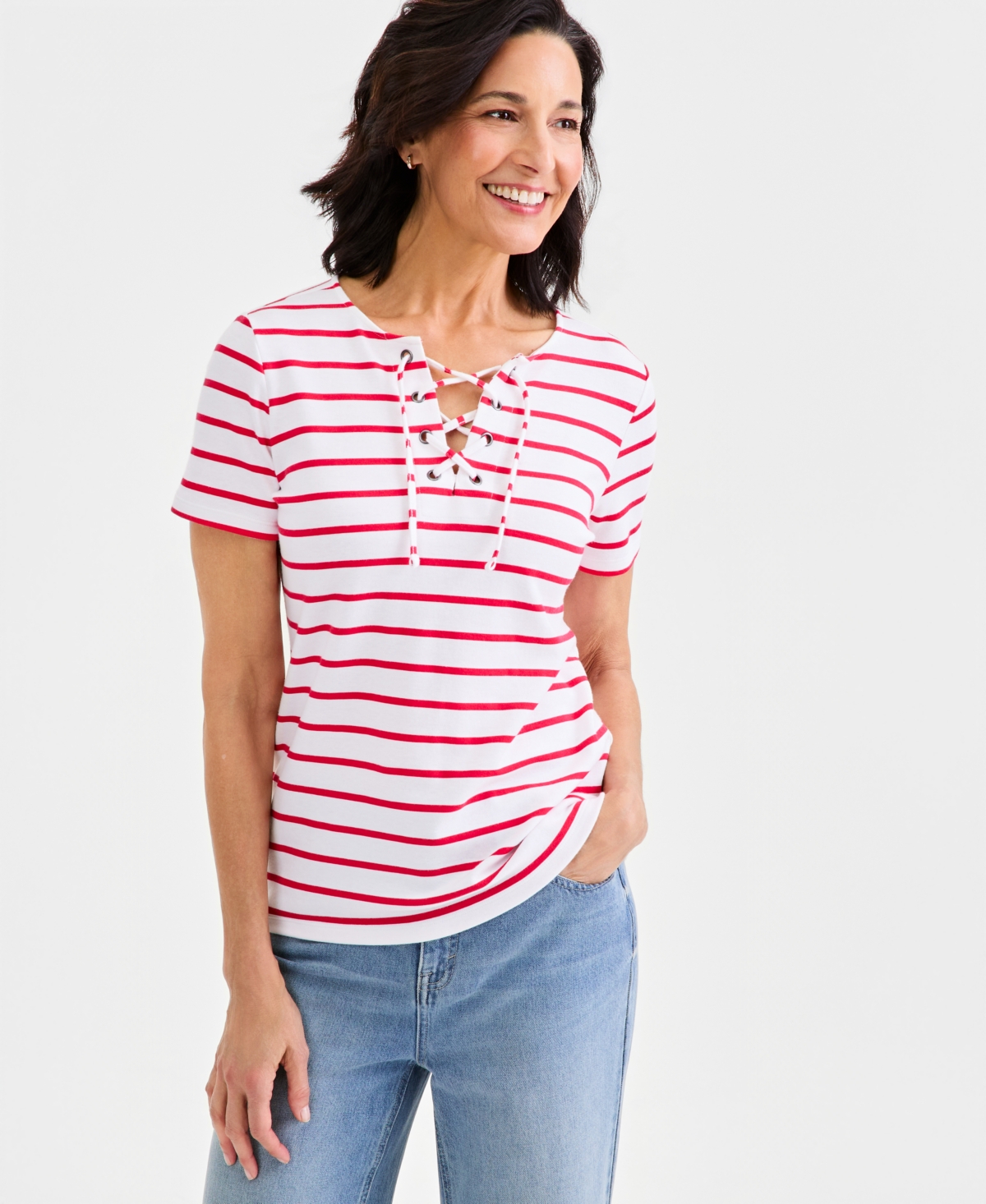 Click here for Style & Co Womens Striped Lace-Up Short-Sleeve Top... prices