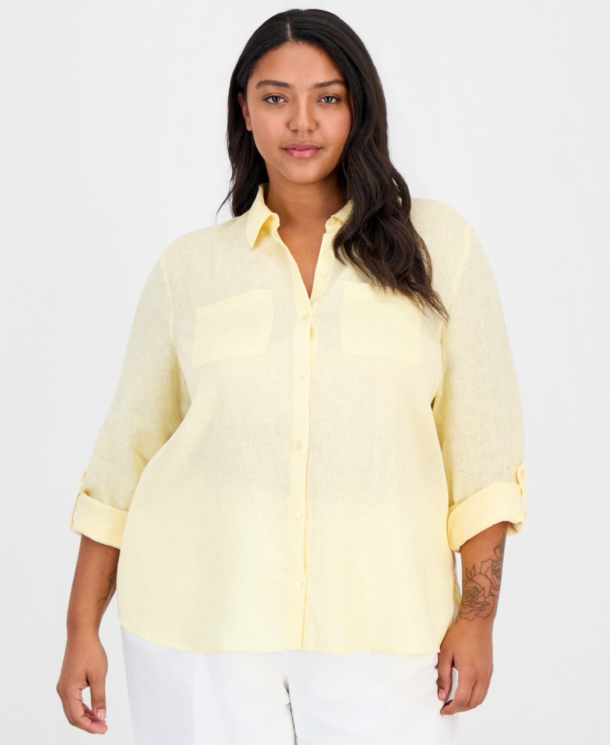 Click here for Charter Club Plus Size 100 Linen Roll-Tab Shirt  E... prices