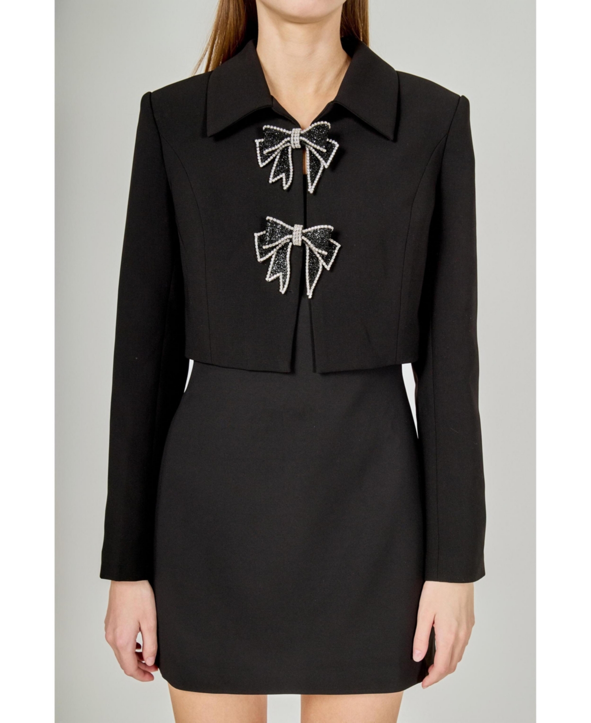 Click here for endless rose Womens Rhinestone Bow Cropped Jacket... prices