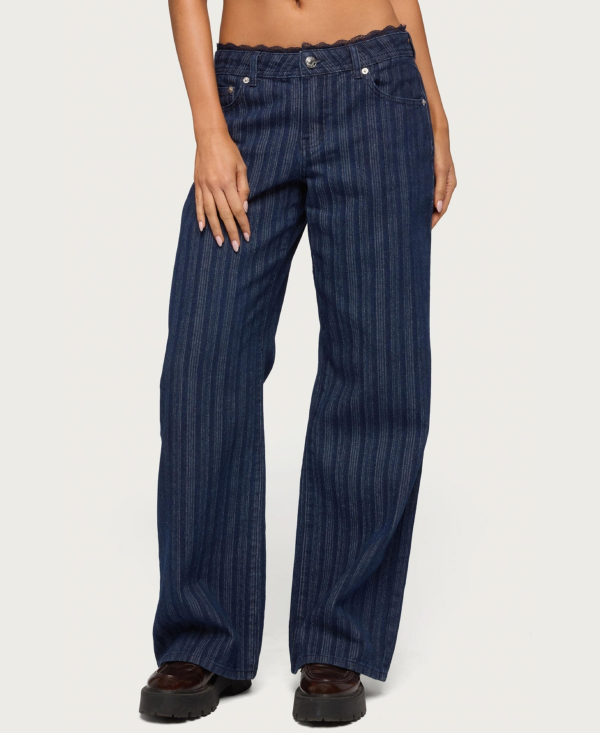 Click here for Edikted Womens Lace Trim Striped Low Rise Jeans -... prices