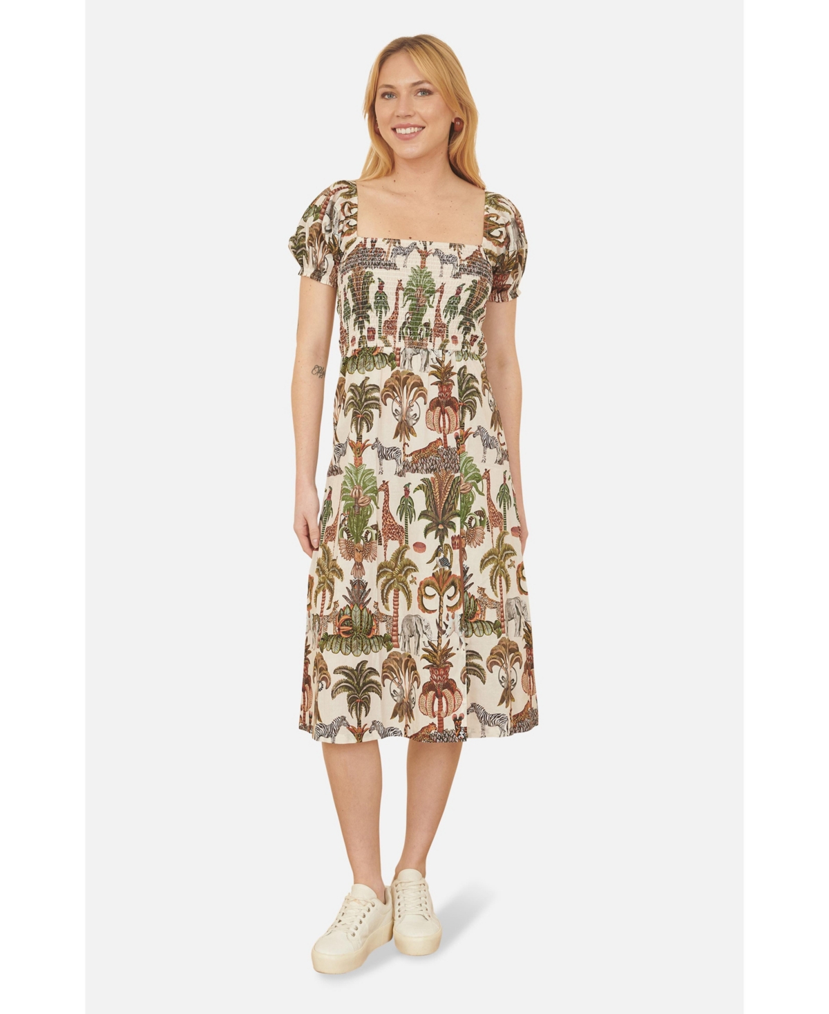 Click here for Yumi Womens Cotton Safari Print Ruched Midi Dress... prices