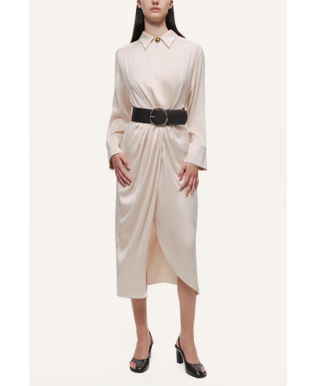 Click here for Nocturne Womens Belted Draped Shirt-Collar Maxi Dr... prices