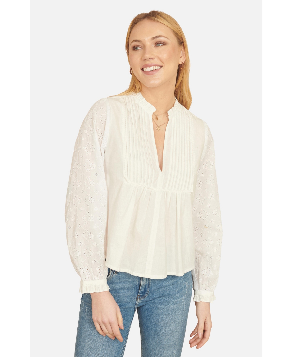 Click here for Yumi Womens Pleated Cotton Bib Shirt - White prices