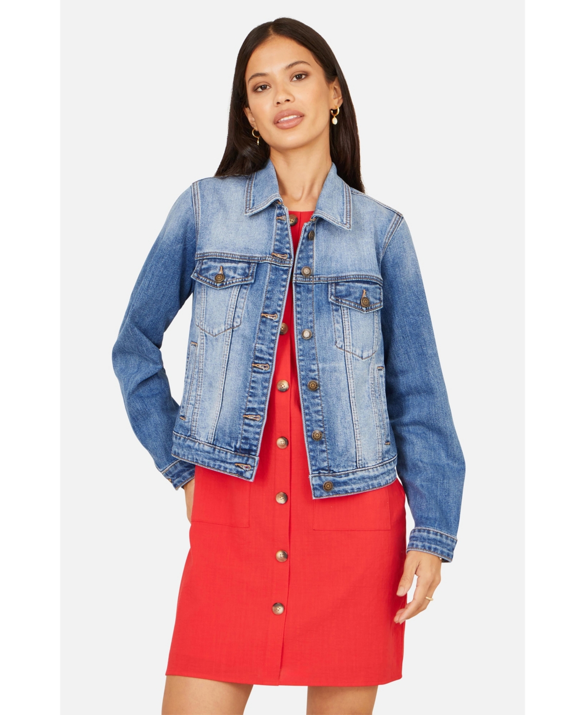 Click here for Yumi Womens Stretch Washed Denim Jacket - Blue prices