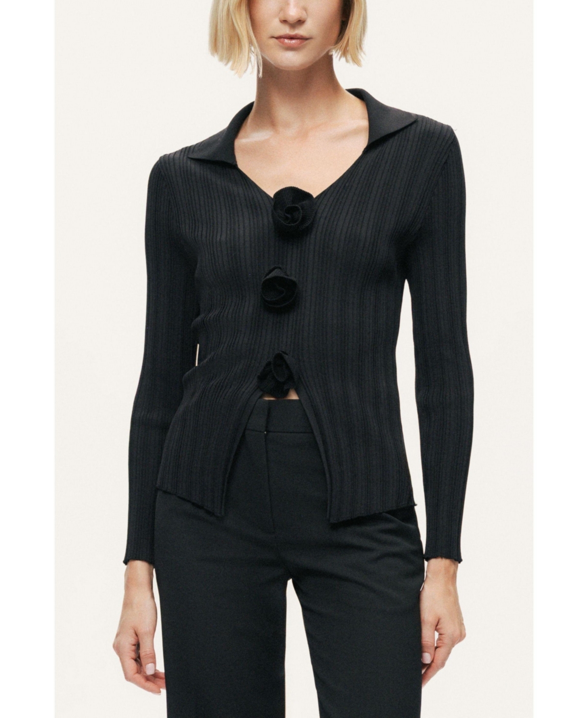 Click here for Nocturne Womens Floral Embellished Ribbed V-Neck S... prices