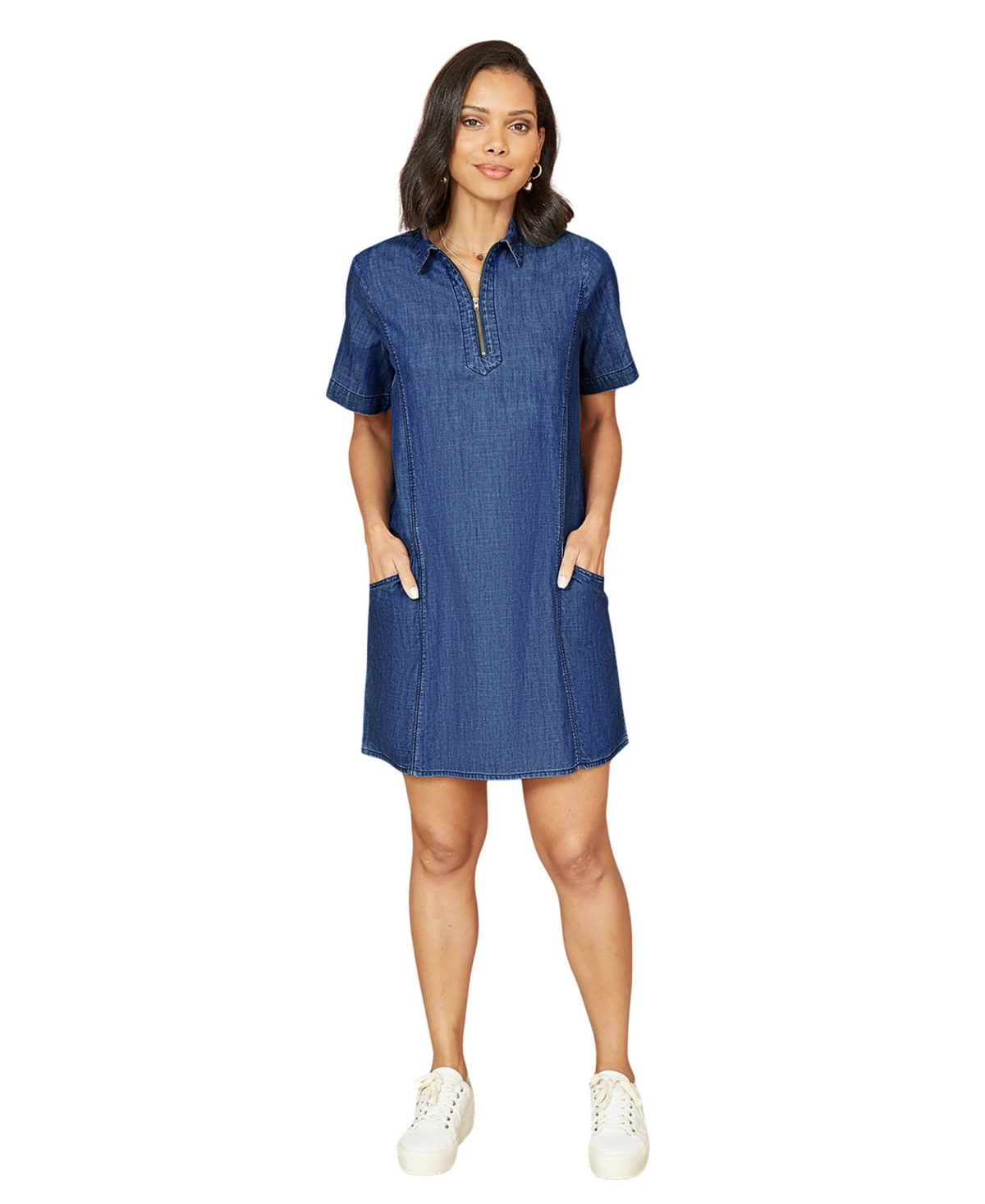 Click here for Yumi Womens Cotton Chambray Zip Neckline Dress - B... prices