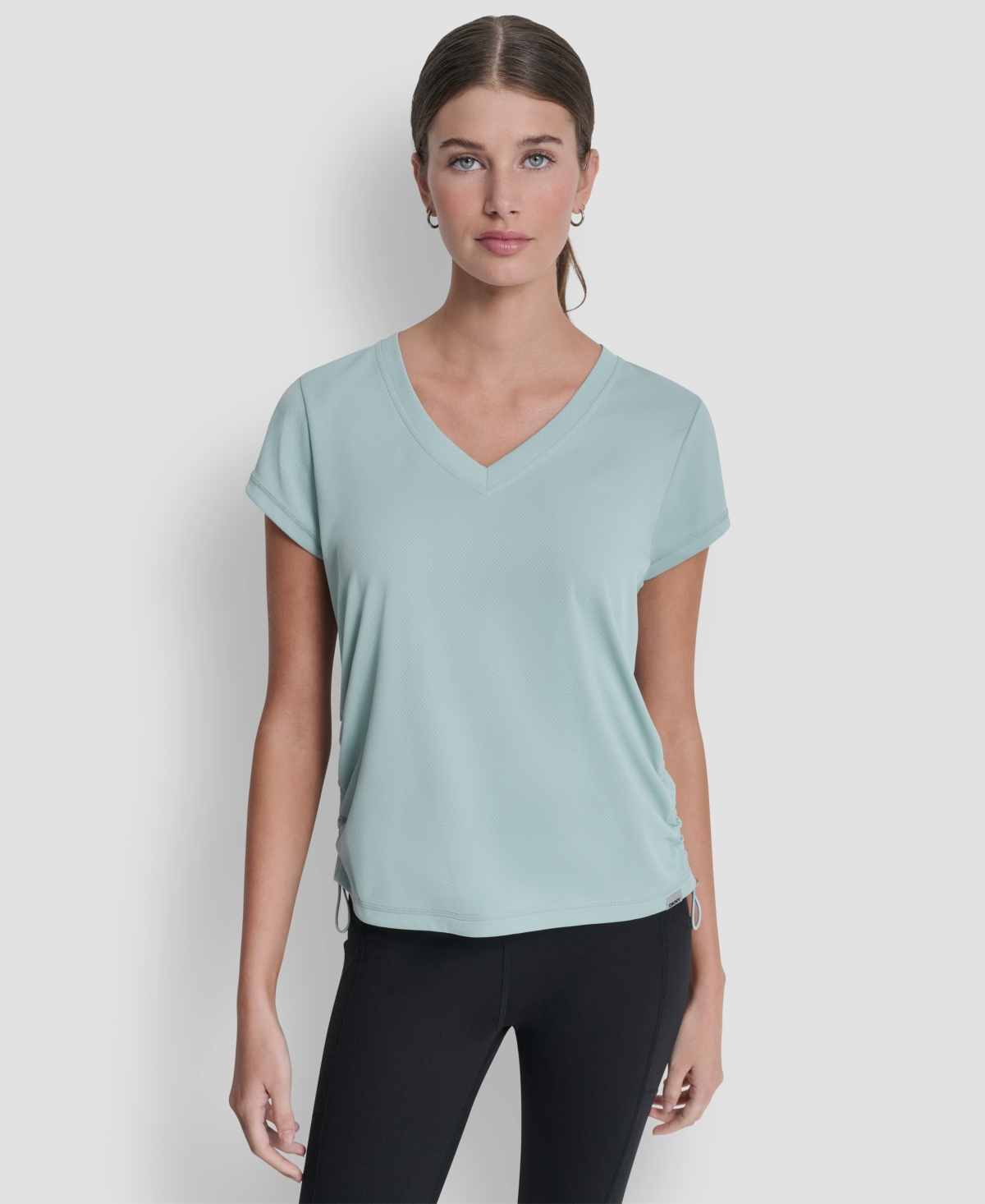 Click here for Dkny Sport Womens Ruched Side Seams V-Neck Tech T-... prices