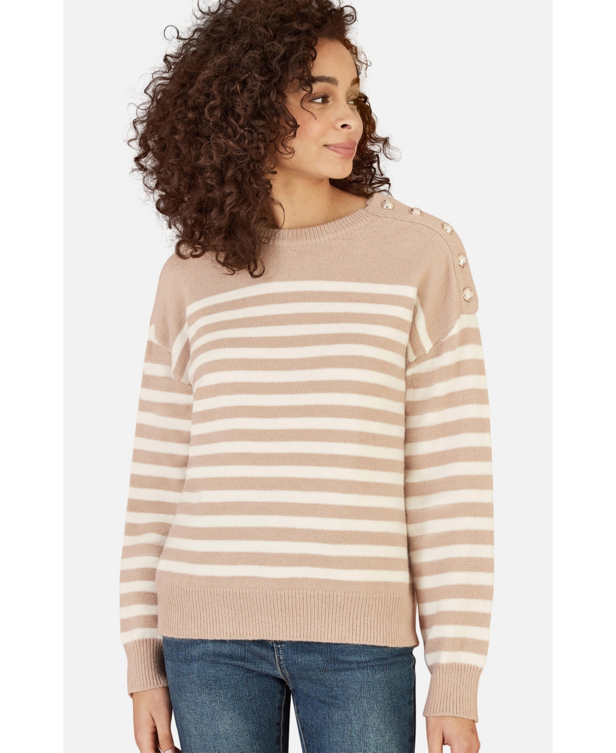 Click here for Yumi Womens Button Detail Stripe Knitted Jumper -... prices