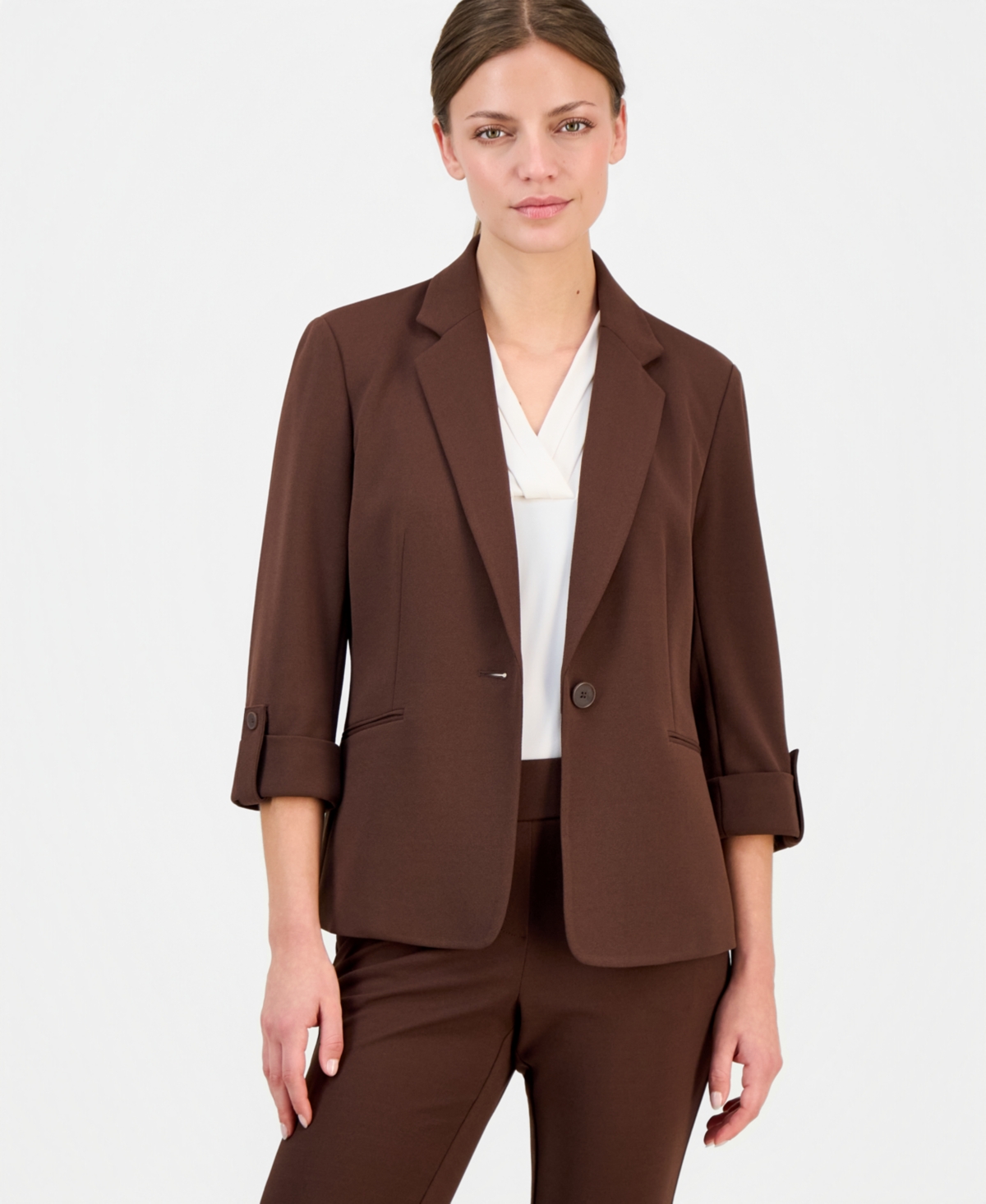 Click here for Anne Klein Essentials Petite Knit Roll-Tab Blazer... prices