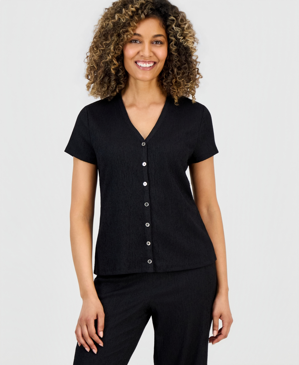 Click here for Anne Klein Essentials Petite Button-Front Blouse -... prices