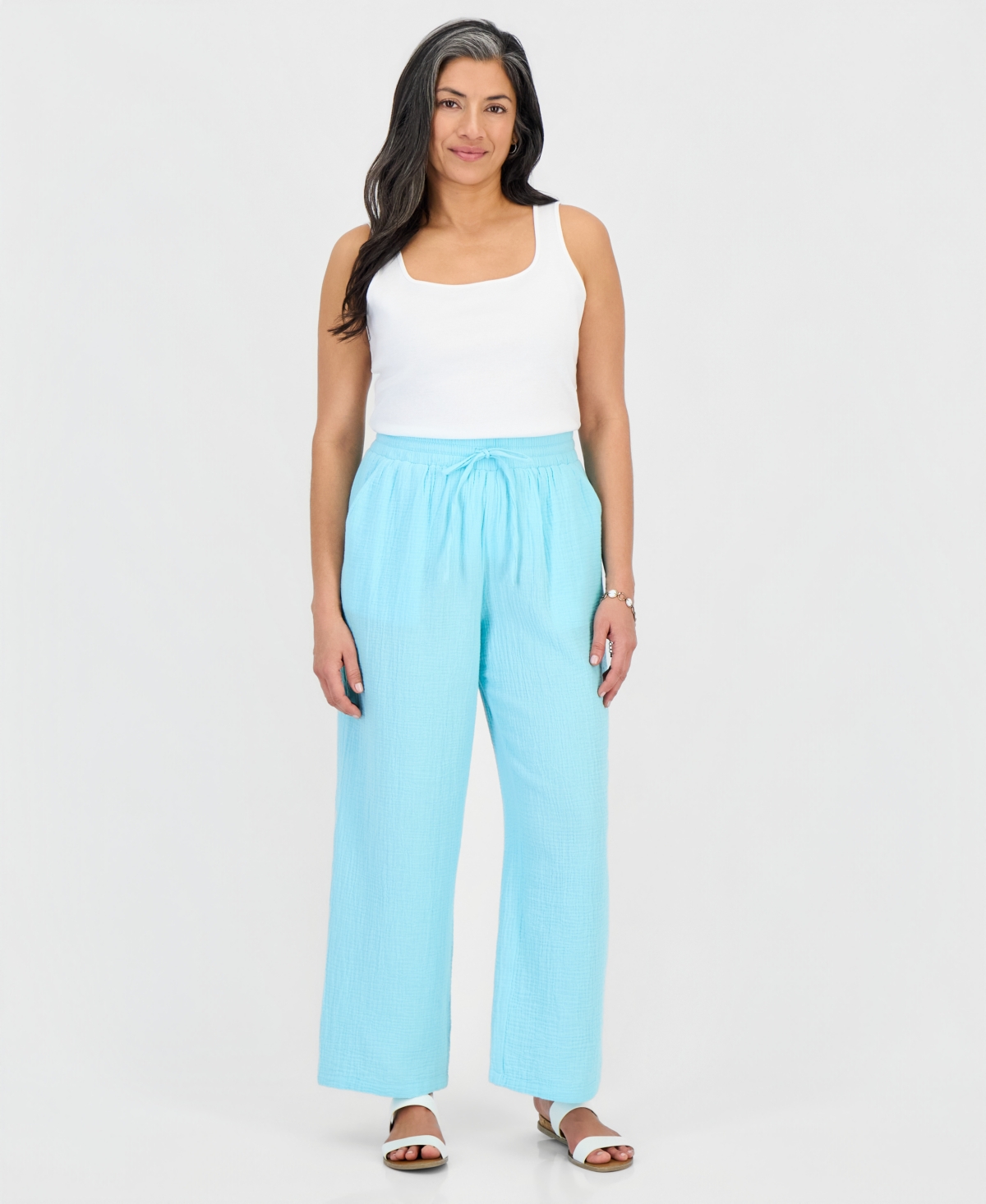 Click here for Style & Co Petite Cotton Gauze Wide-Leg Pull-On Pa... prices