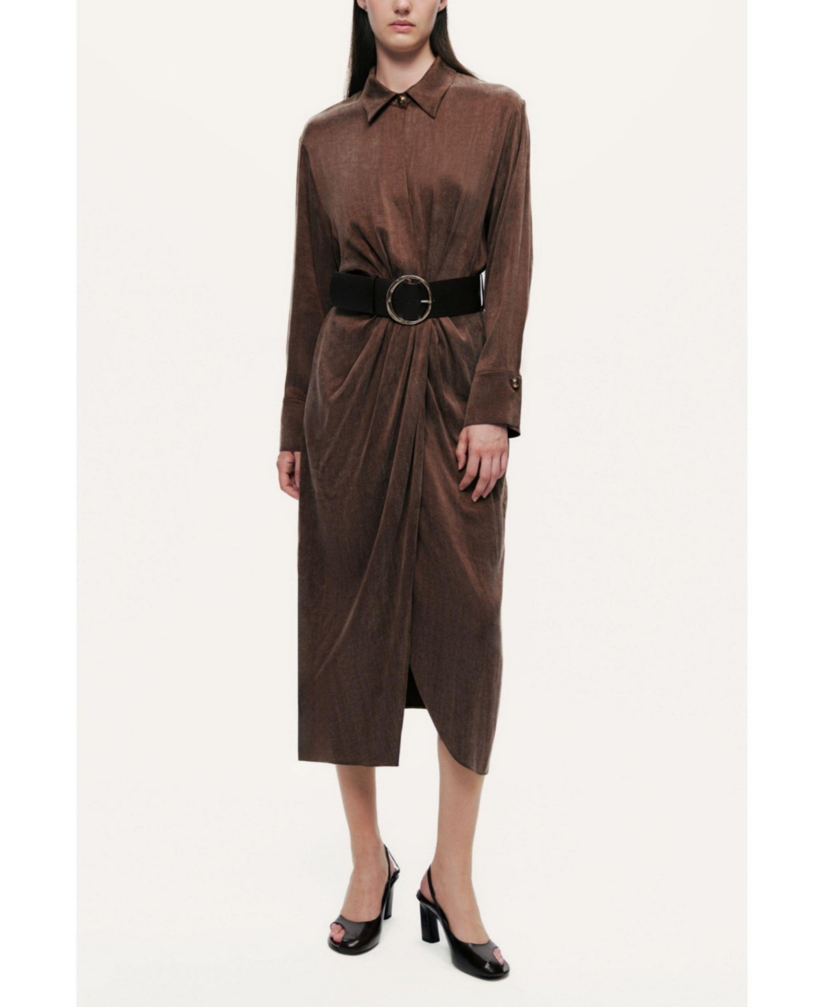 Click here for Nocturne Womens Belted Draped Shirt-Collar Maxi Dr... prices