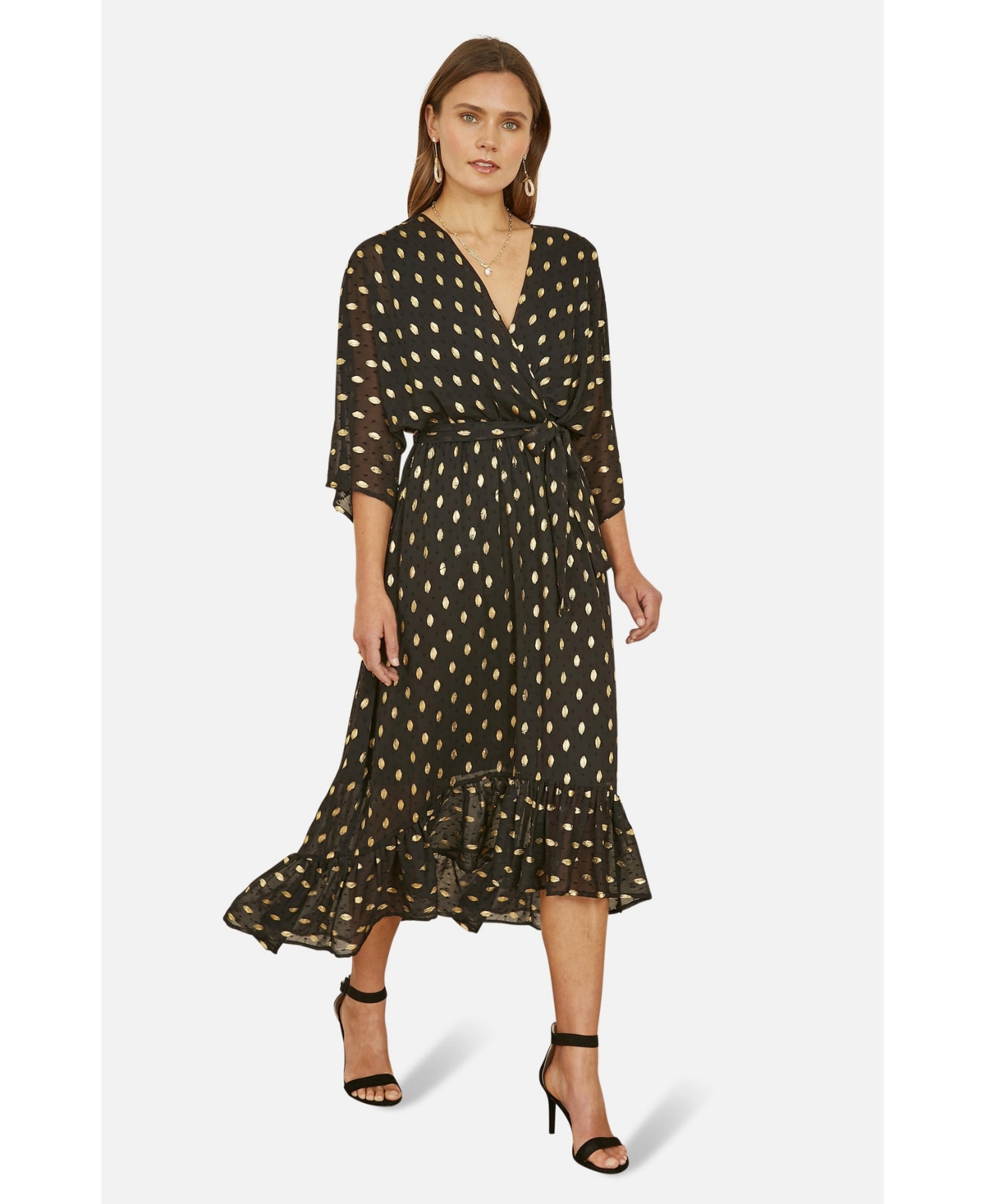 Click here for Yumi Womens Foil Print Wrap Over Dress - Black prices