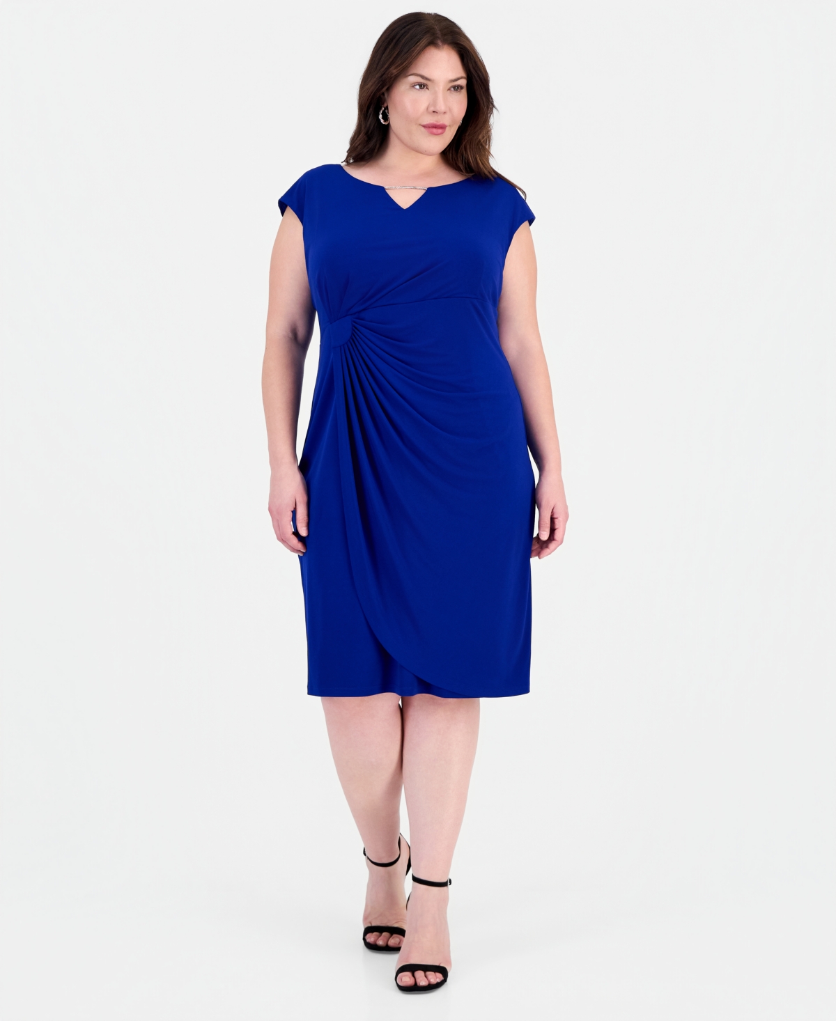 Click here for Connected Plus Size Faux-Wrap Sleeveless Sheath Dr... prices