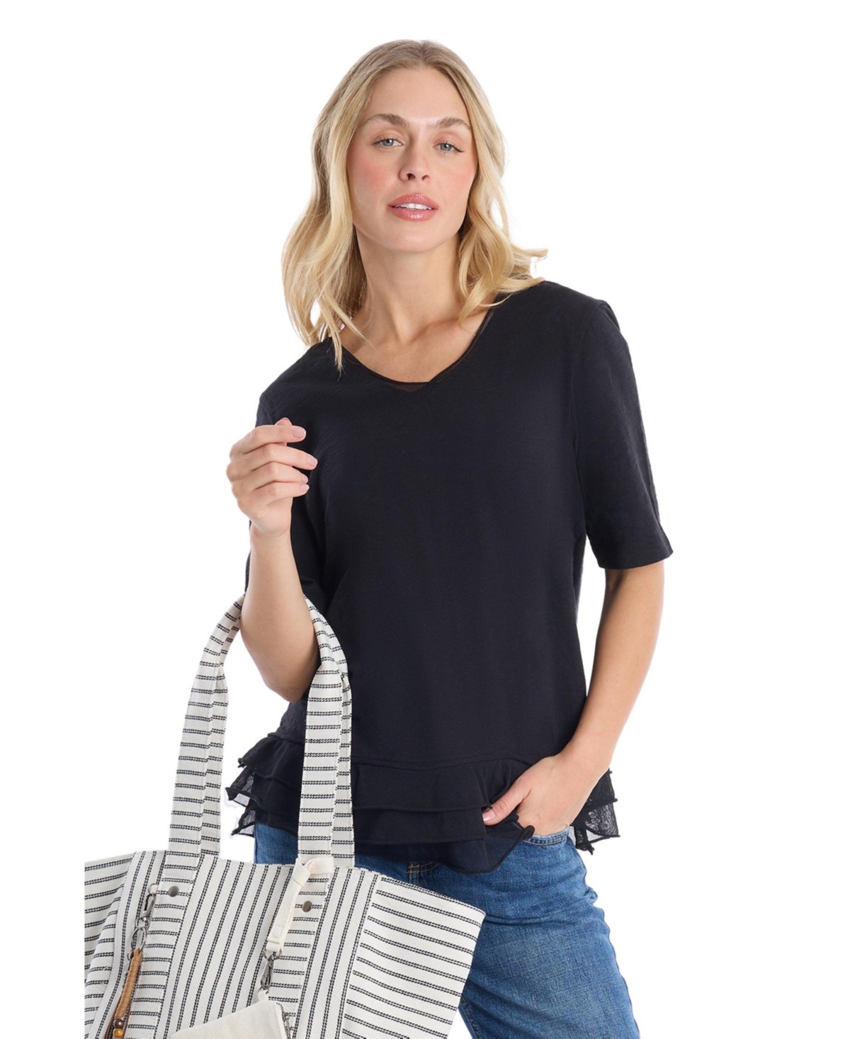 Click here for Wilt Clothing Womens V-Neck Mixed Media Tee - Whit... prices