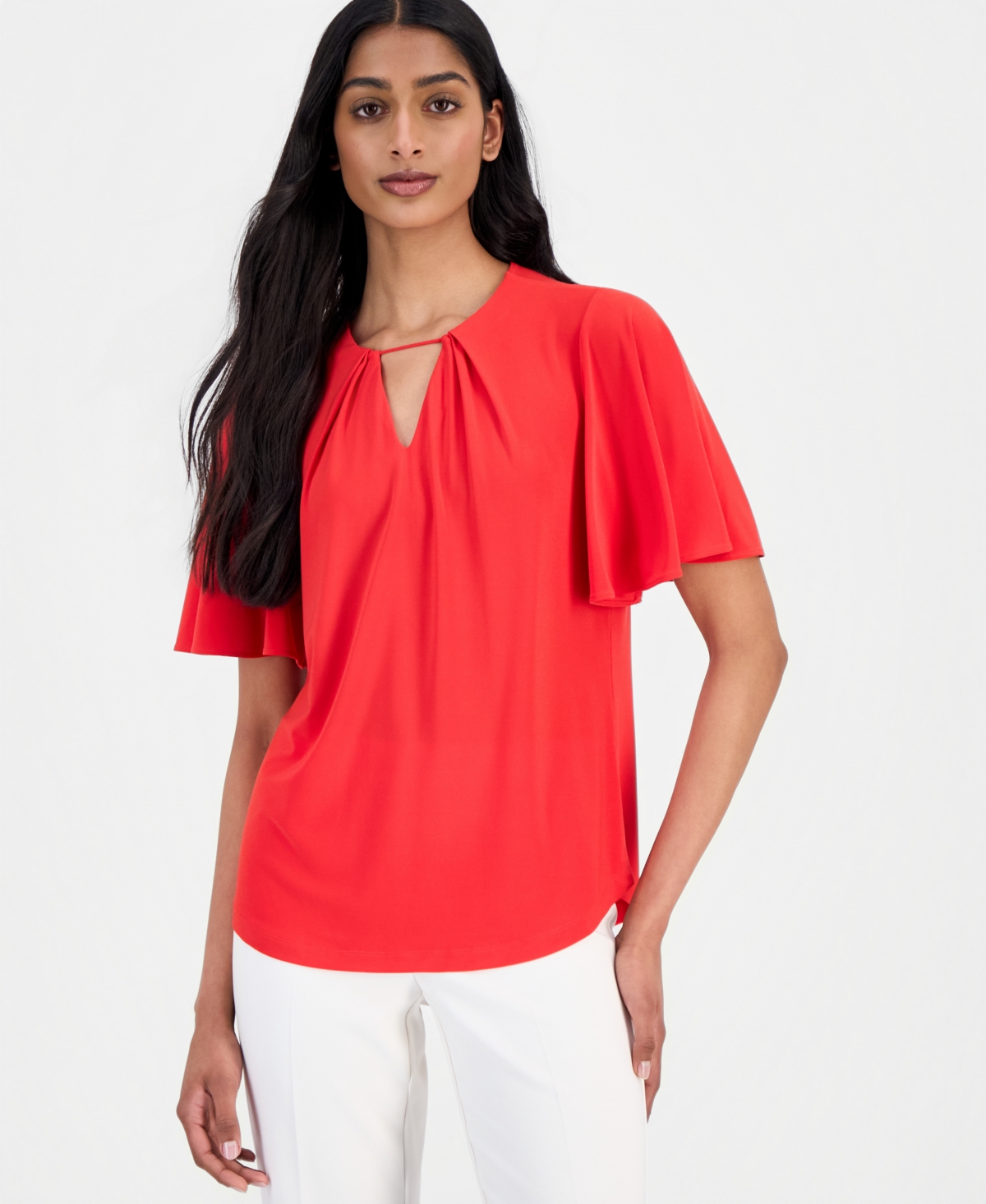 Click here for Anne Klein Womens Pleat-Neck Blouse - Red Begonia prices