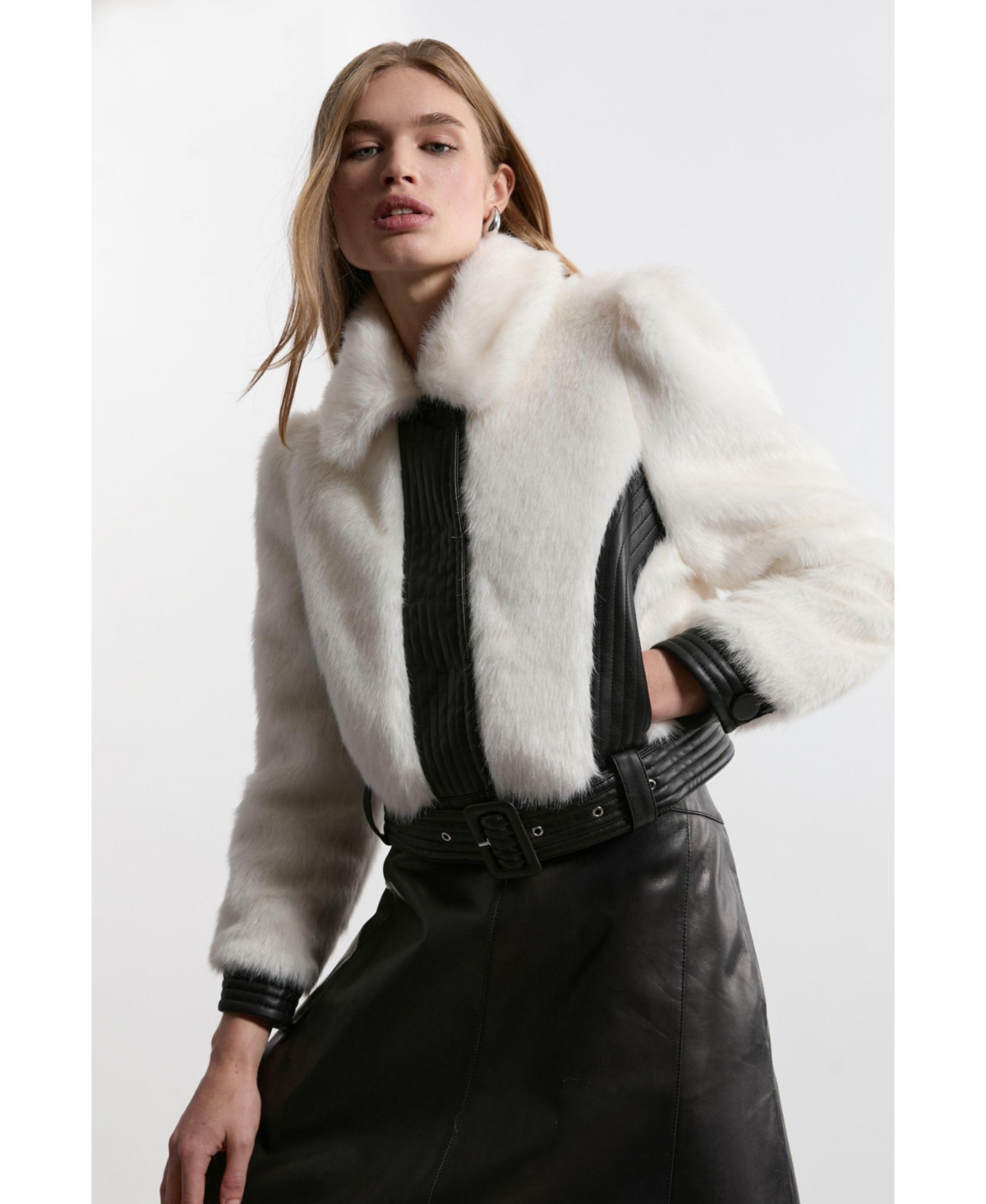 Click here for Karen Millen Womens Faux Fur Pu Panel Belted Cropp... prices