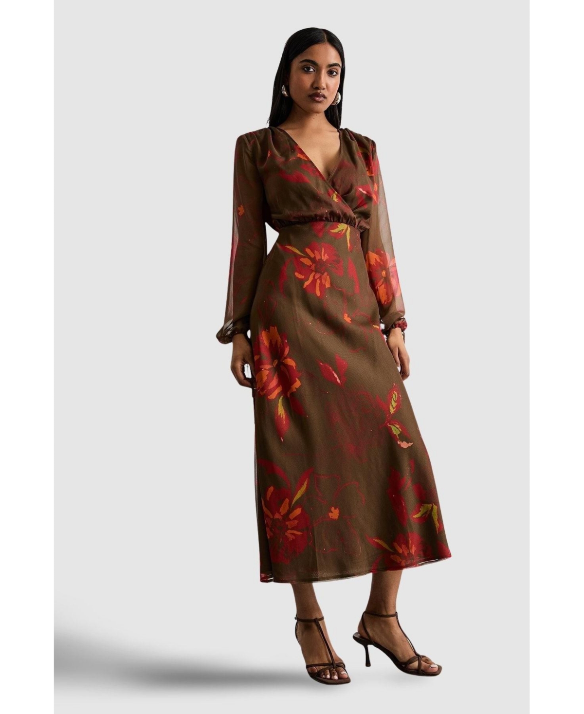 Click here for Warehouse Womens Printed V Neck Tie Detail Midi Dr... prices