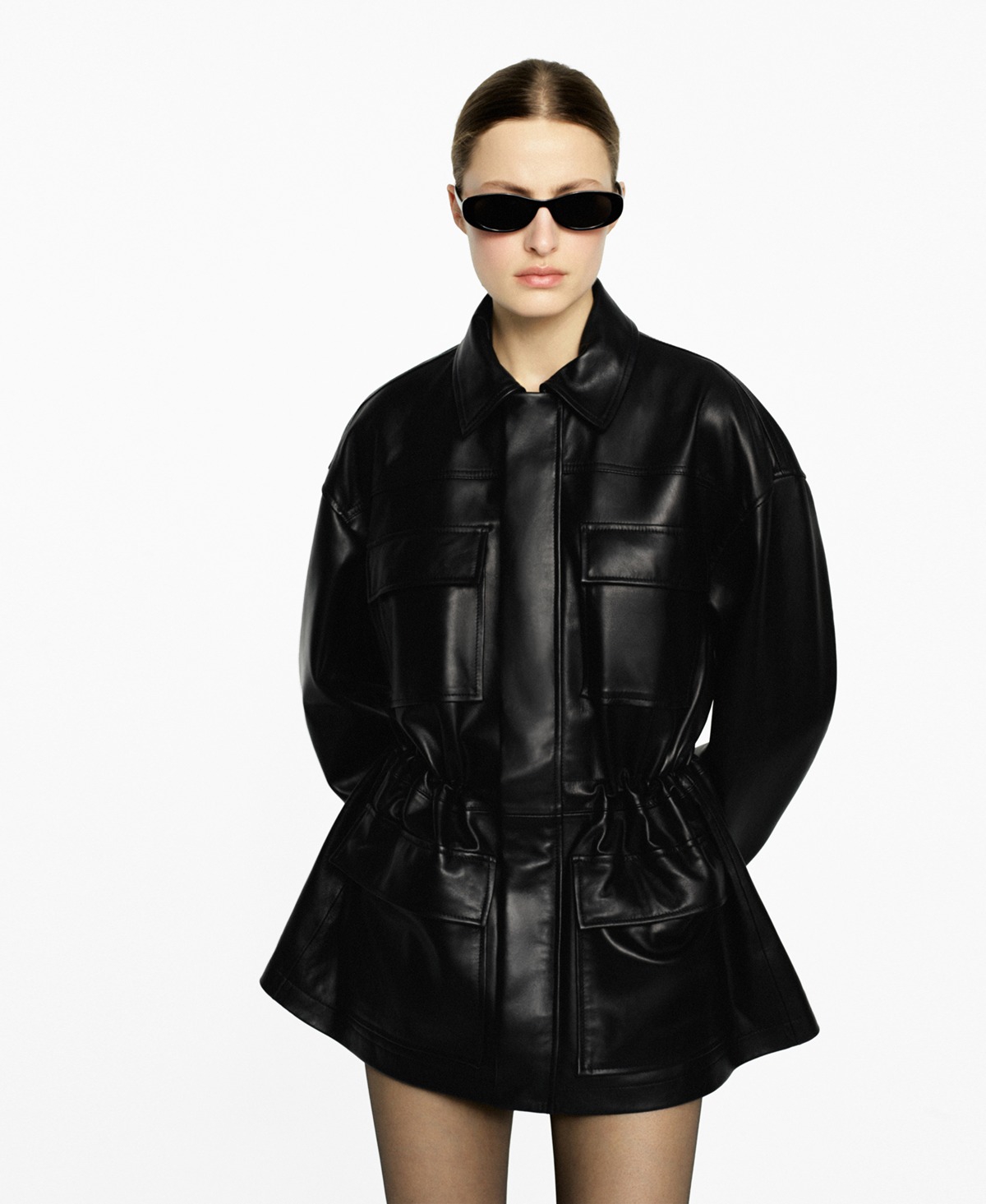 Click here for Mango Womens Leather Gathered Waist Parka - Black prices