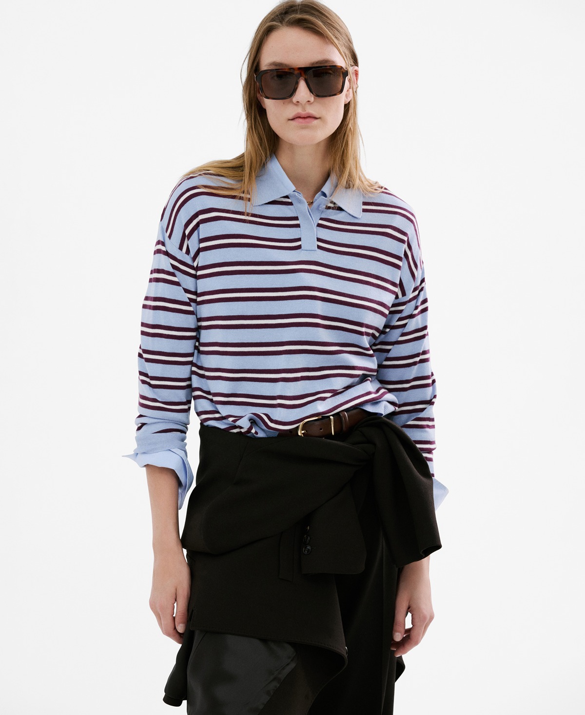 Click here for Mango Womens Striped Polo-Neck Sweater - Sky Blue prices