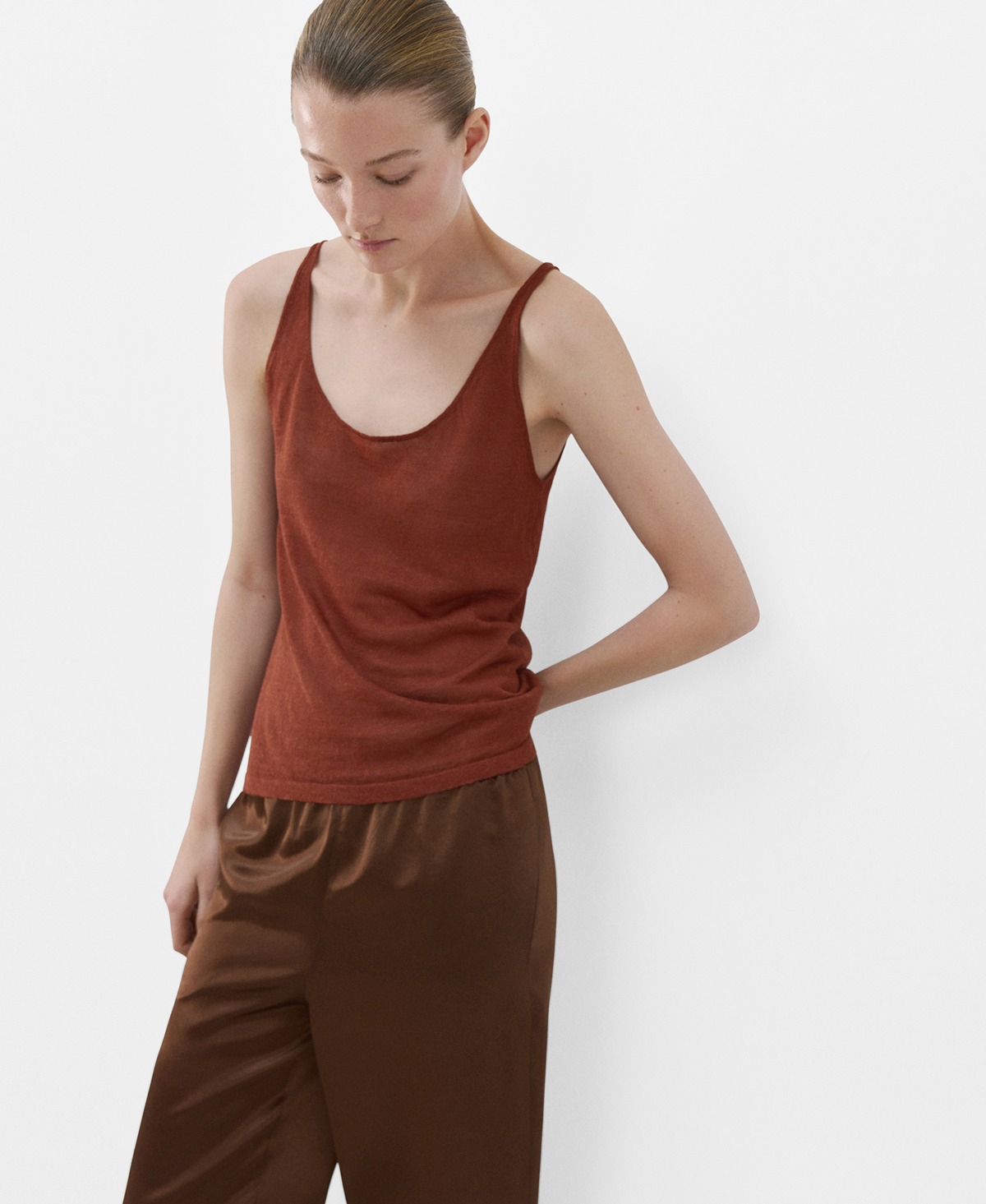 Click here for Mango Womens Linen Knit Top - Orange prices