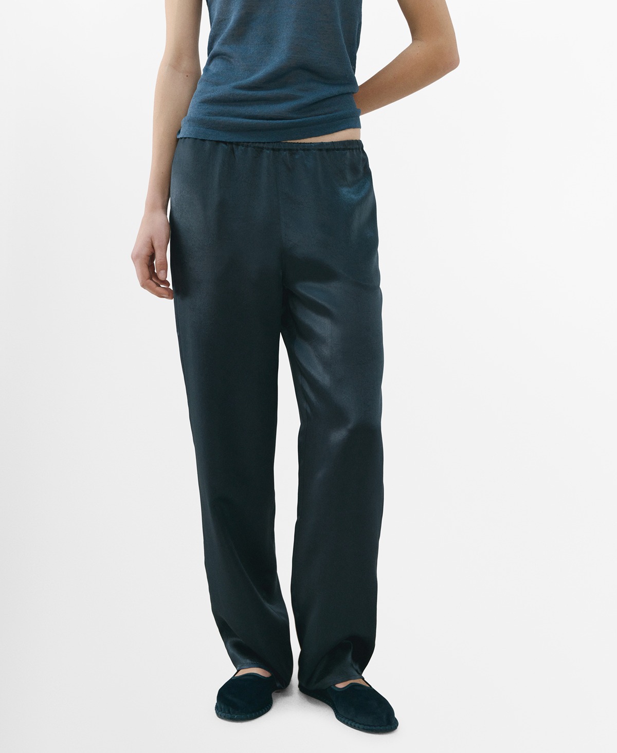 Click here for Mango Womens Elastic Waist Satin Pants - Blue prices