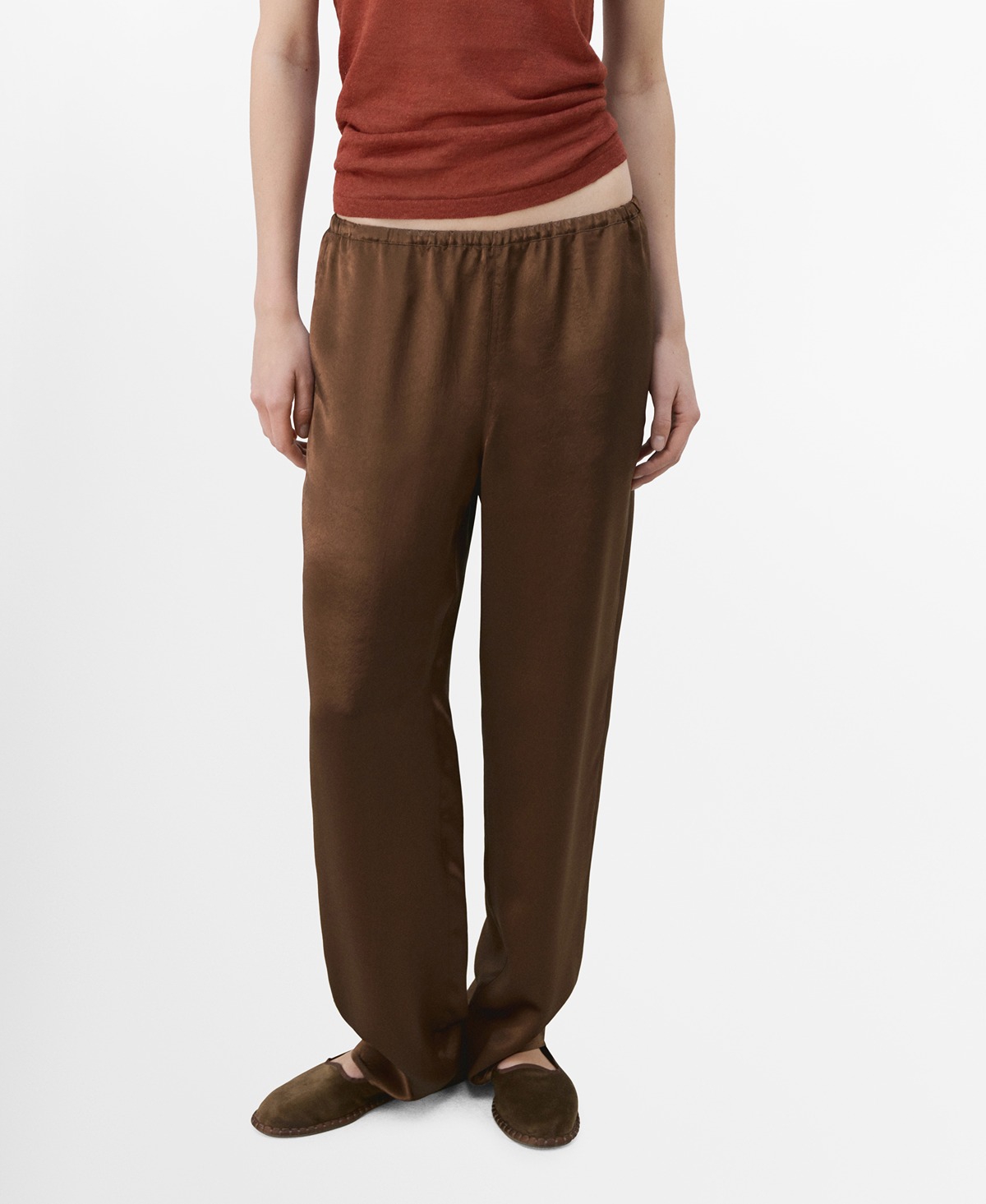Click here for Mango Womens Elastic Waist Satin Pants - Brown prices