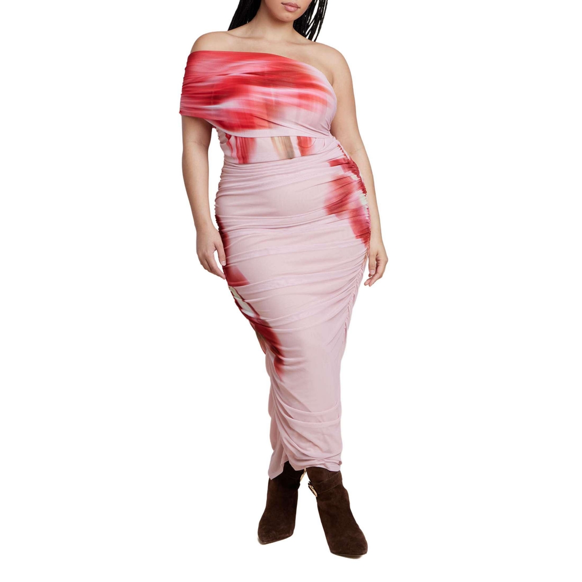 Click here for Eloquii Womens Asym Mesh Shirred Dress - Pastel Pi... prices