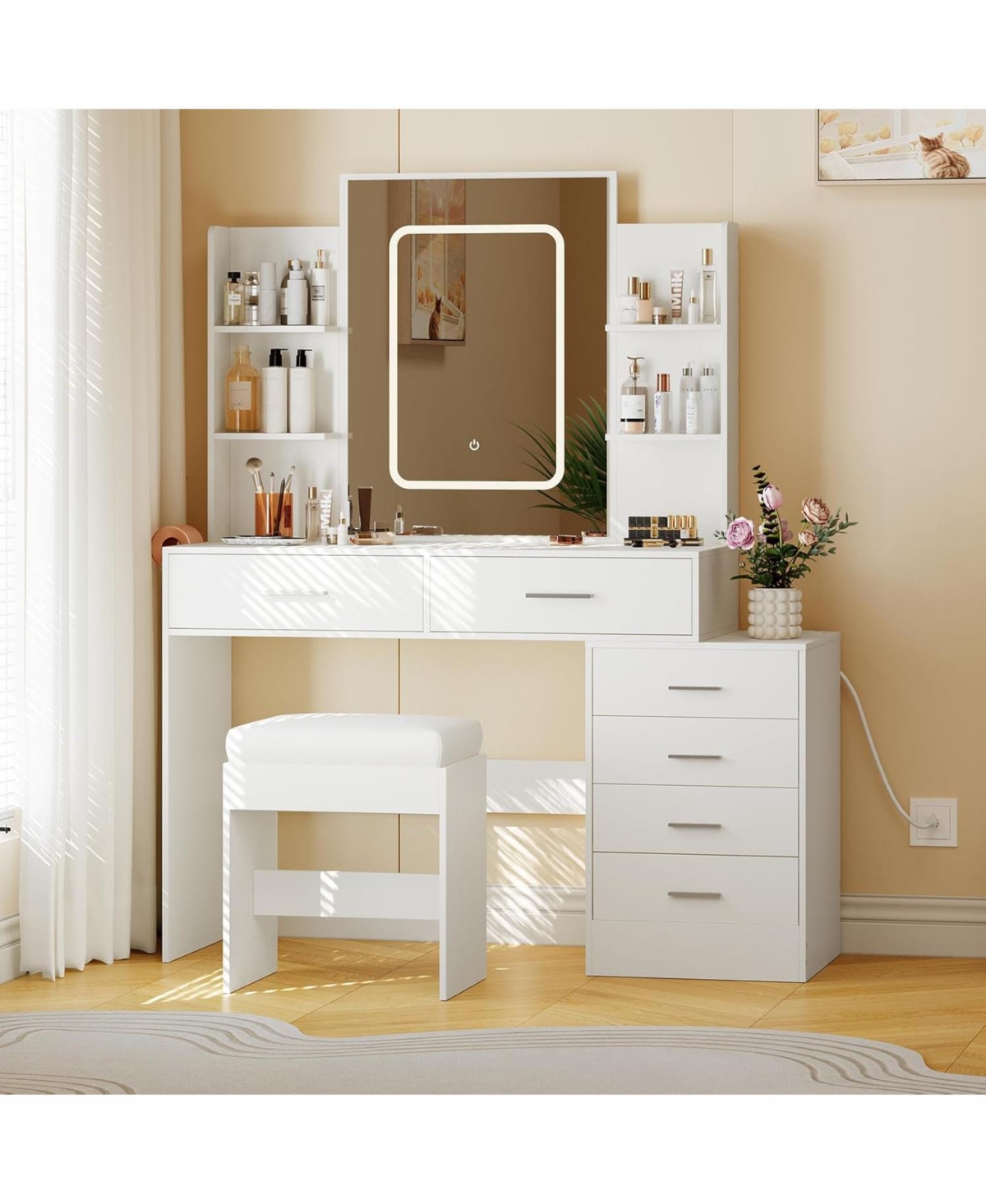 Click here for gaomon Wood Lighted-Mirror 6-Drawer Vanity Desk wi... prices