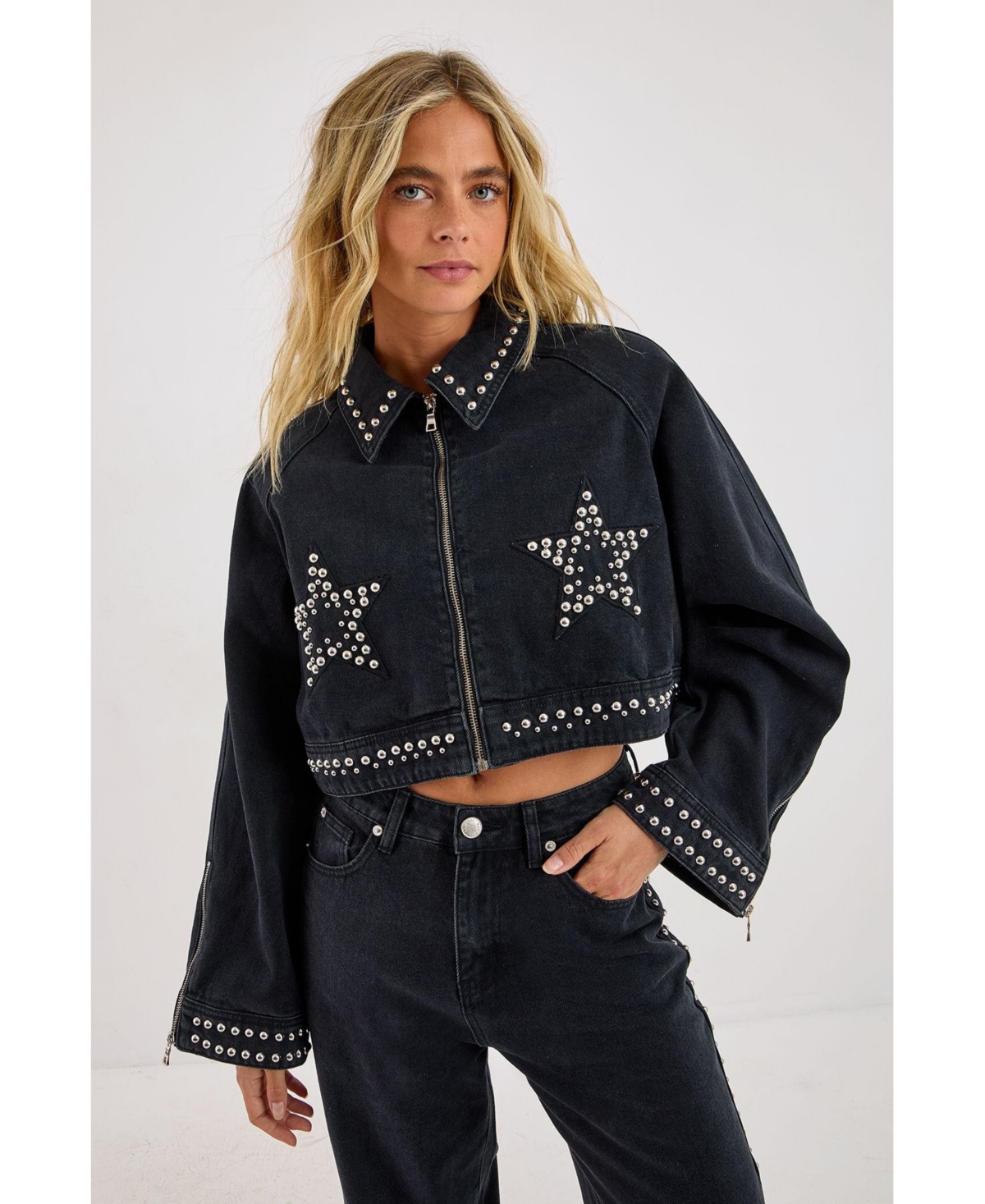 Click here for Nasty Gal Womens Studded Denim Jacket - Washed bla... prices