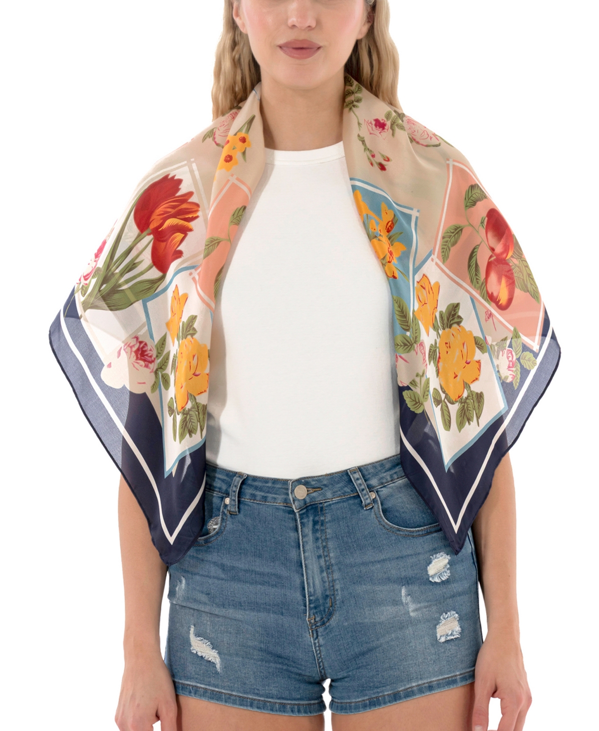 Click here for Marcus Adler Satin Floral Square Scarf - Navy prices