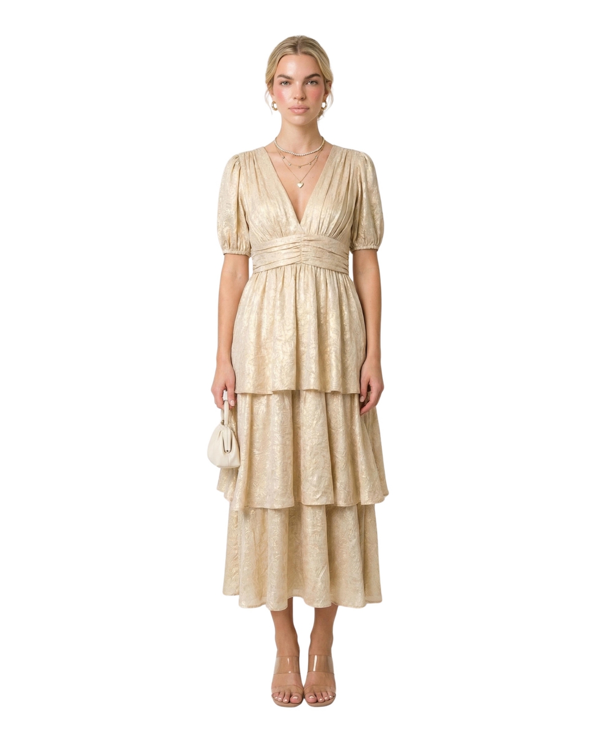 Click here for Modenaire Womens Shimmering Puff Sleeve Deep V-Nec... prices