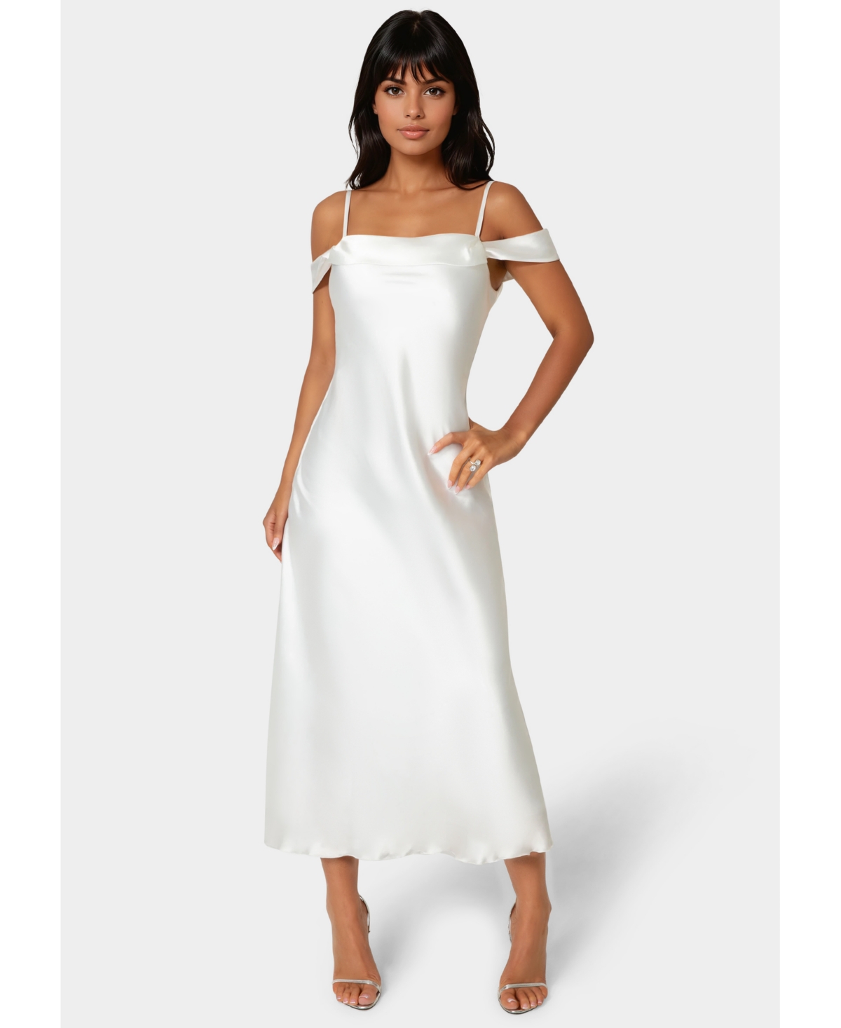 Click here for Bebe Womens Drape Shoulder High Slit Satin Maxi Dr... prices