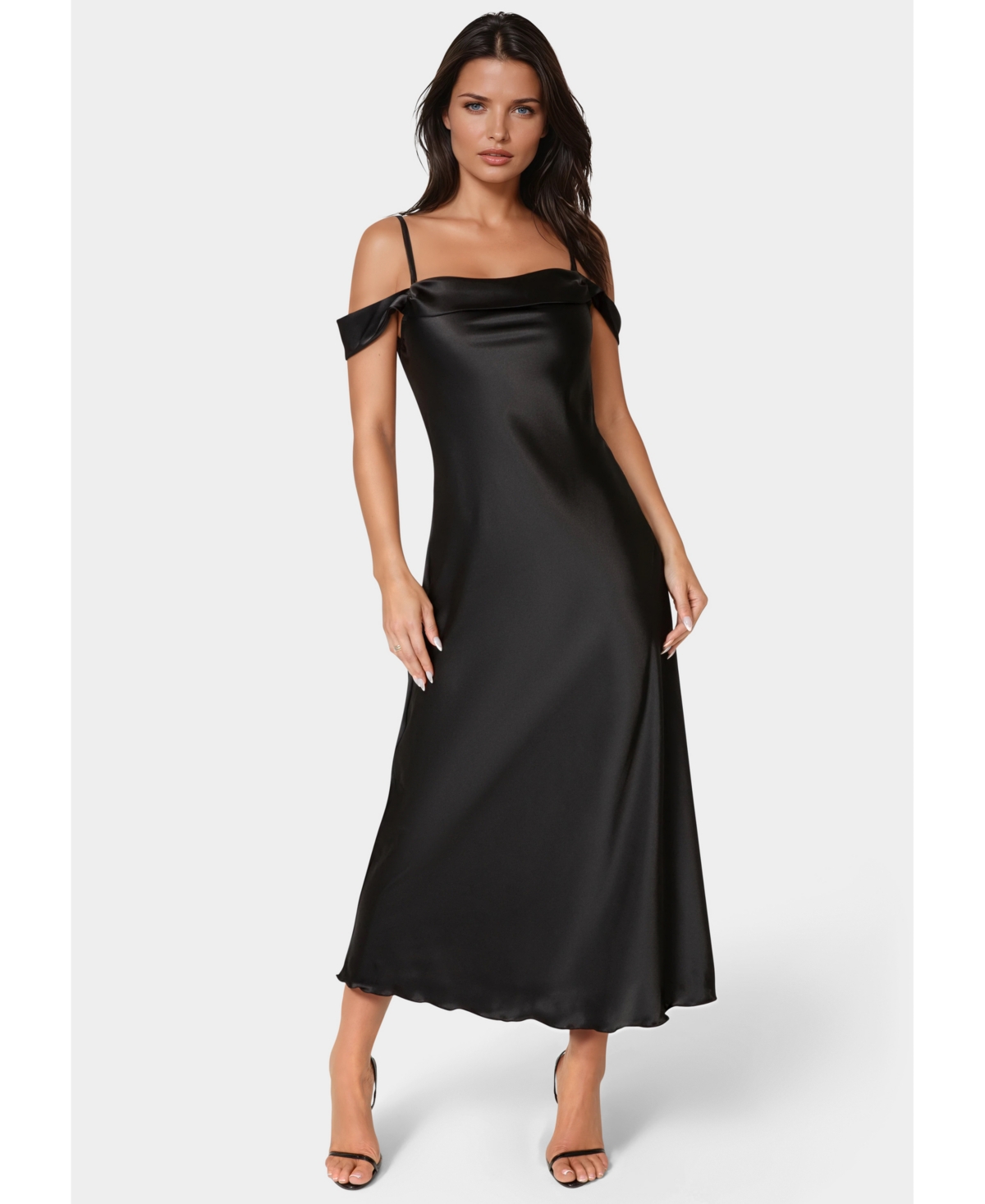 Click here for Bebe Womens Drape Shoulder High Slit Satin Maxi Dr... prices