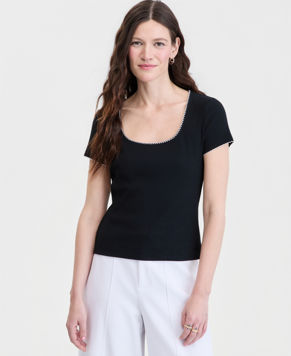 Click here for On 34th Womens Scoop-Neck Rib Contrast-Stitch Top... prices