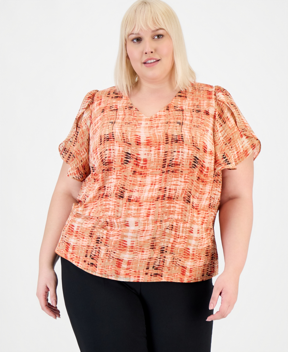 Click here for Kasper Plus Size V-Neck Tulip-Sleeve Top - Mandari... prices