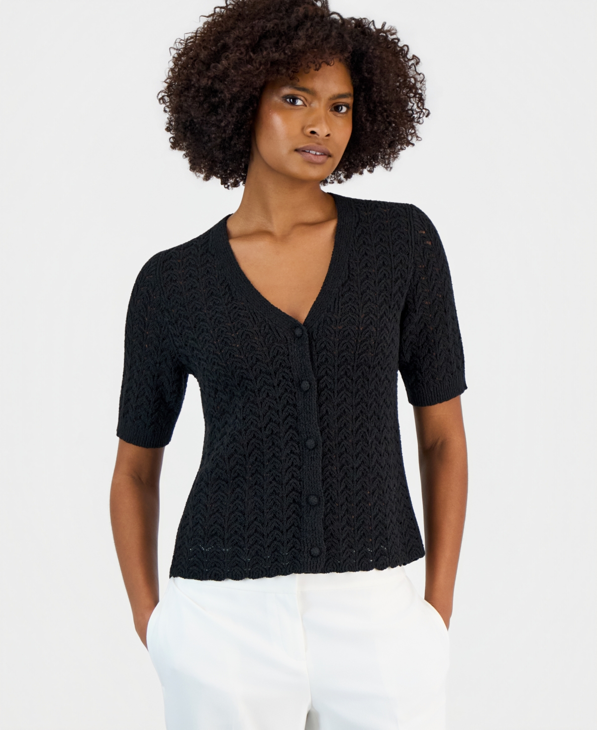 Click here for Kasper Petite V-Neck Button-Front Sweater - Black prices