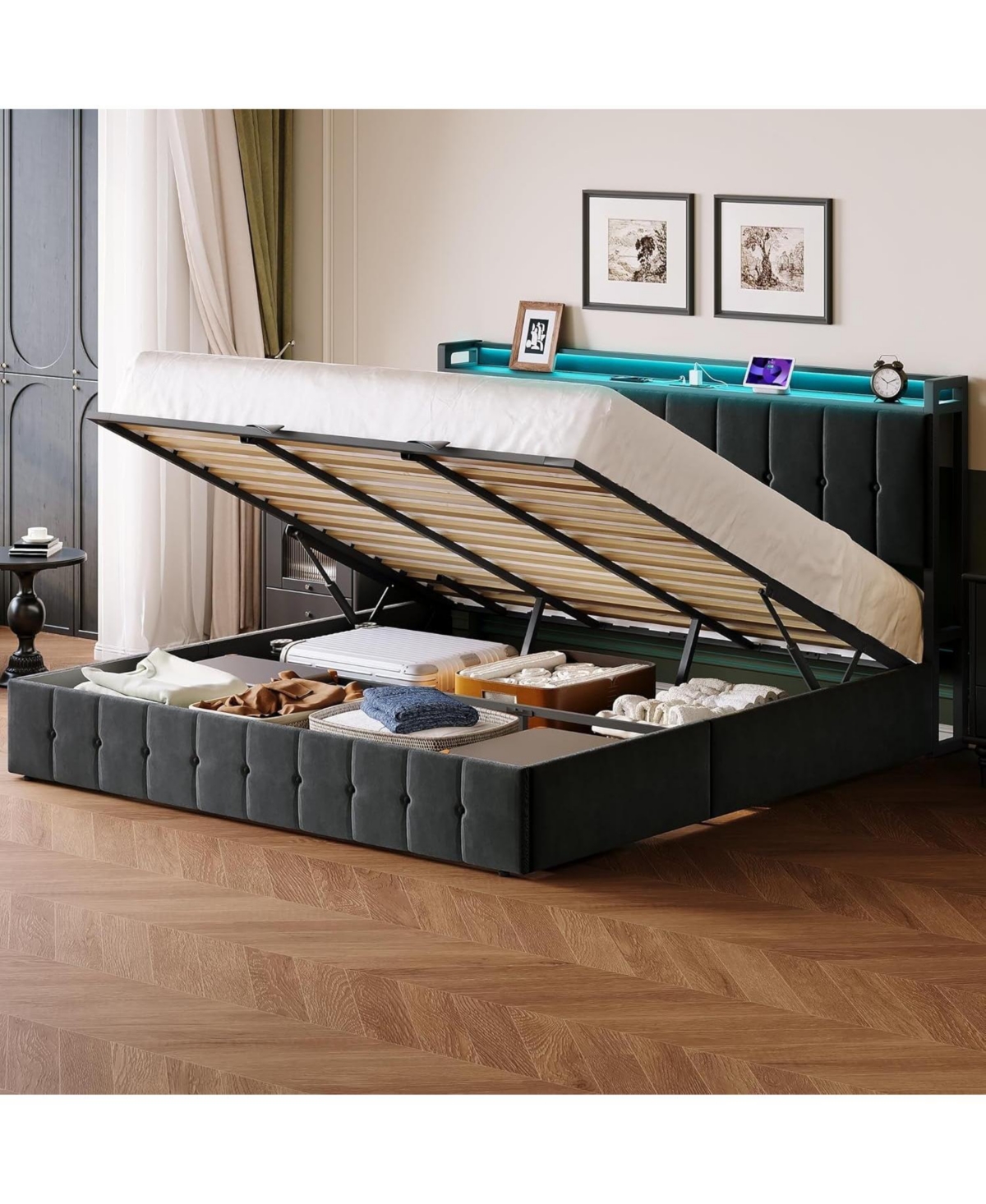 Click here for gaomon Bed Frame Lift-Up Storage Led Lights Uphols... prices