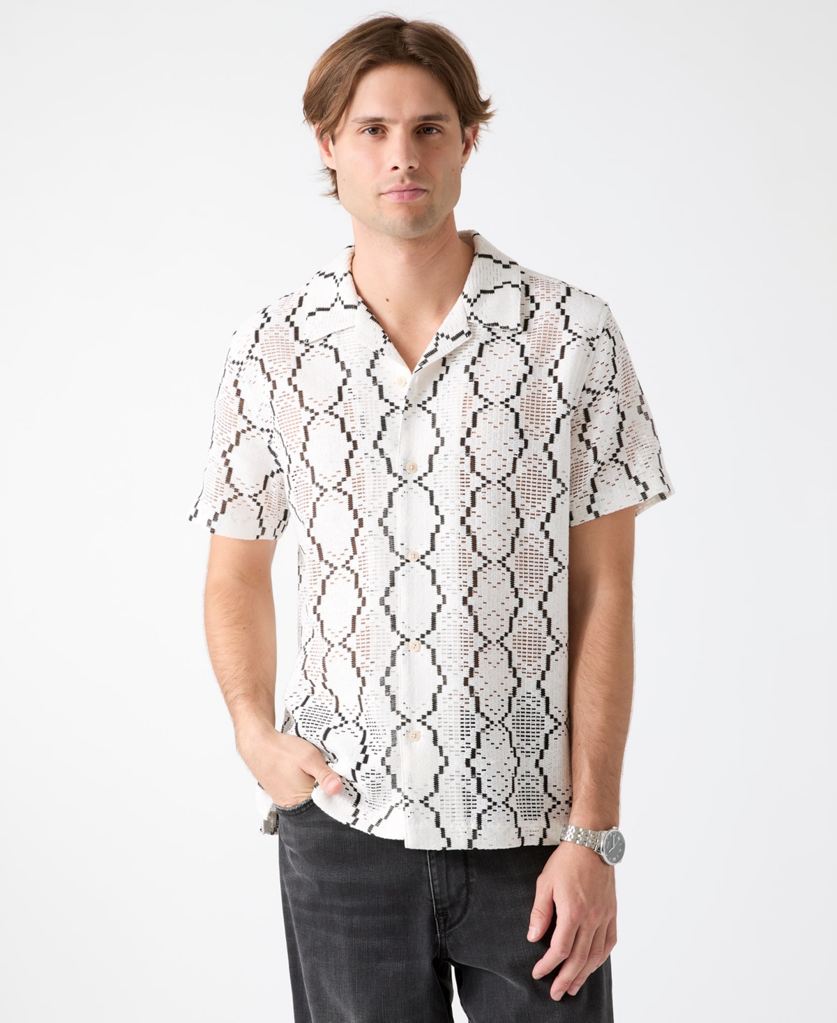 Click here for Guess Mens Carter Geometric Crochet Resort Shirt -... prices