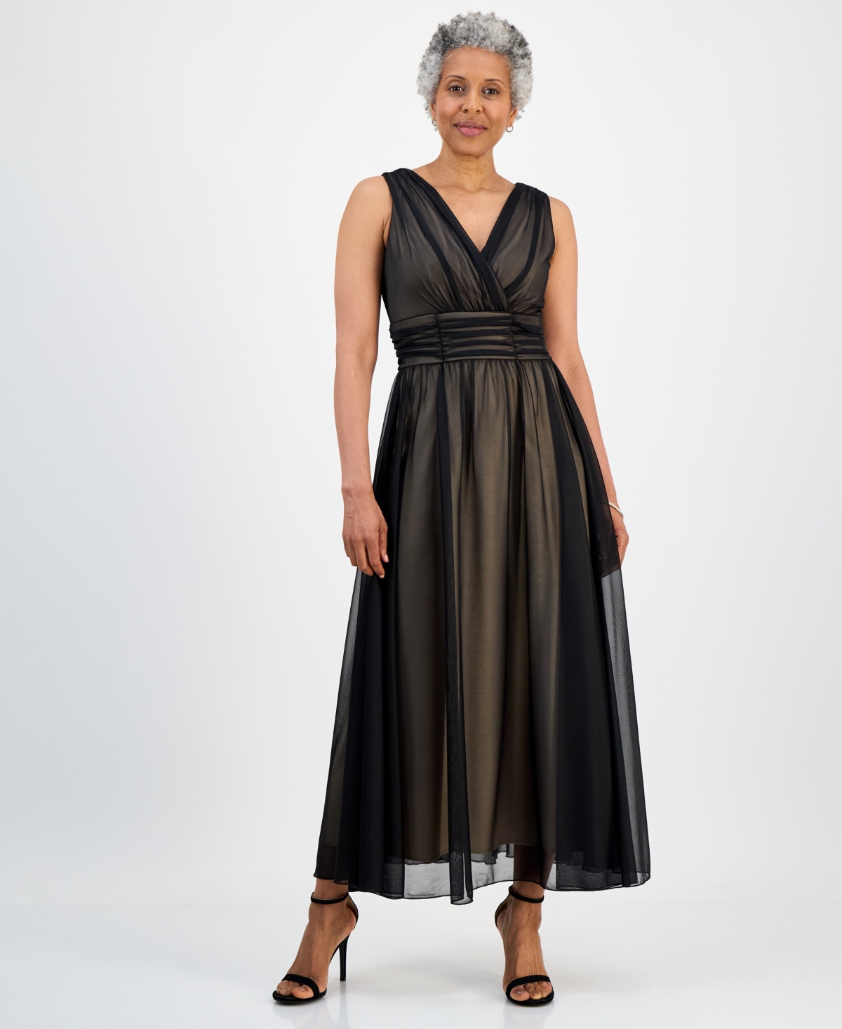 Click here for Connected Petite Sleeveless Mesh Midi Dress - Blac... prices