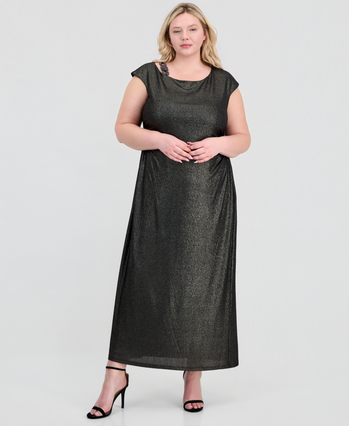 Click here for Connected Plus Size Metallic Cap-Sleeve Dress - Br... prices